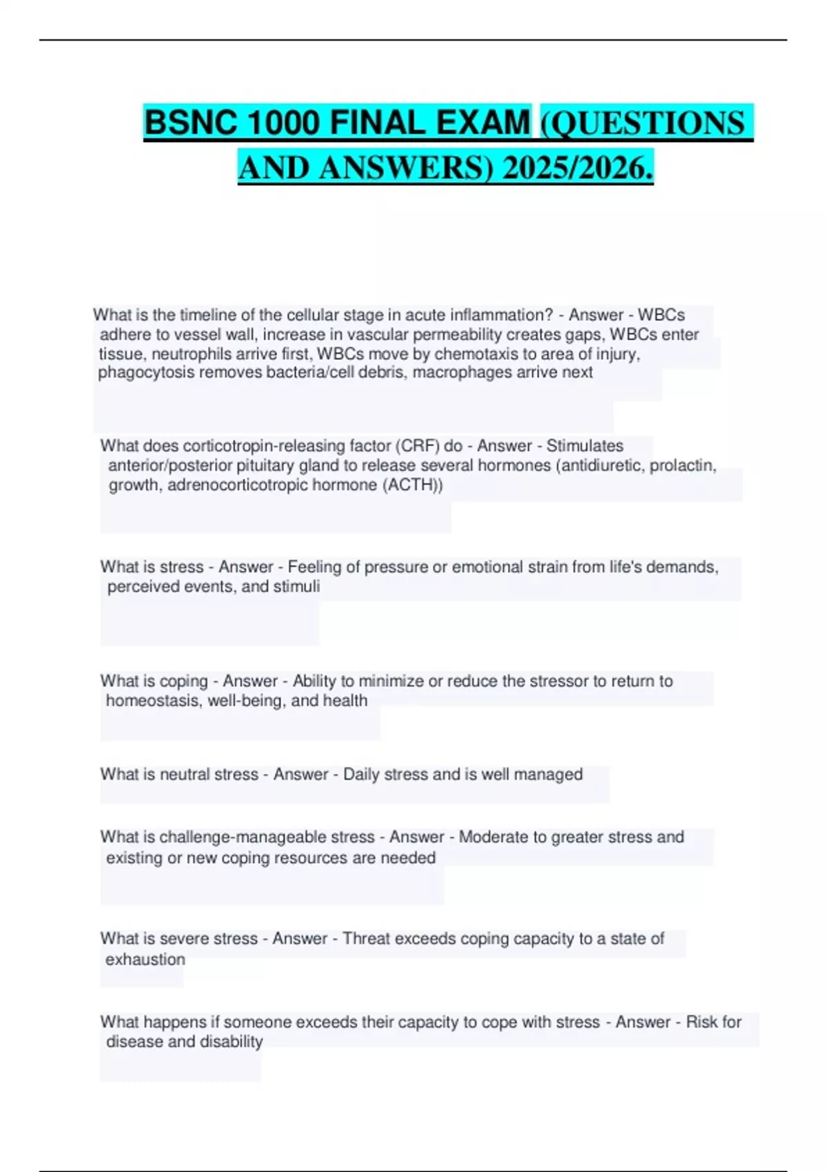 BSNC 1000 FINAL EXAM (QUESTIONS AND ANSWERS) 2025/2026. - BSNC 1000 ...