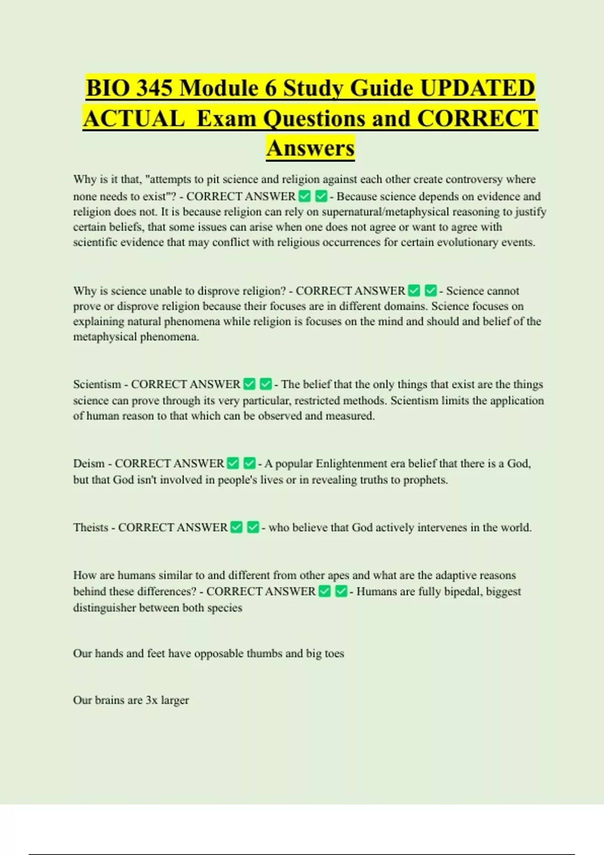 BIO 345 Module 6 Study Guide UPDATED ACTUAL Exam Questions and CORRECT ...