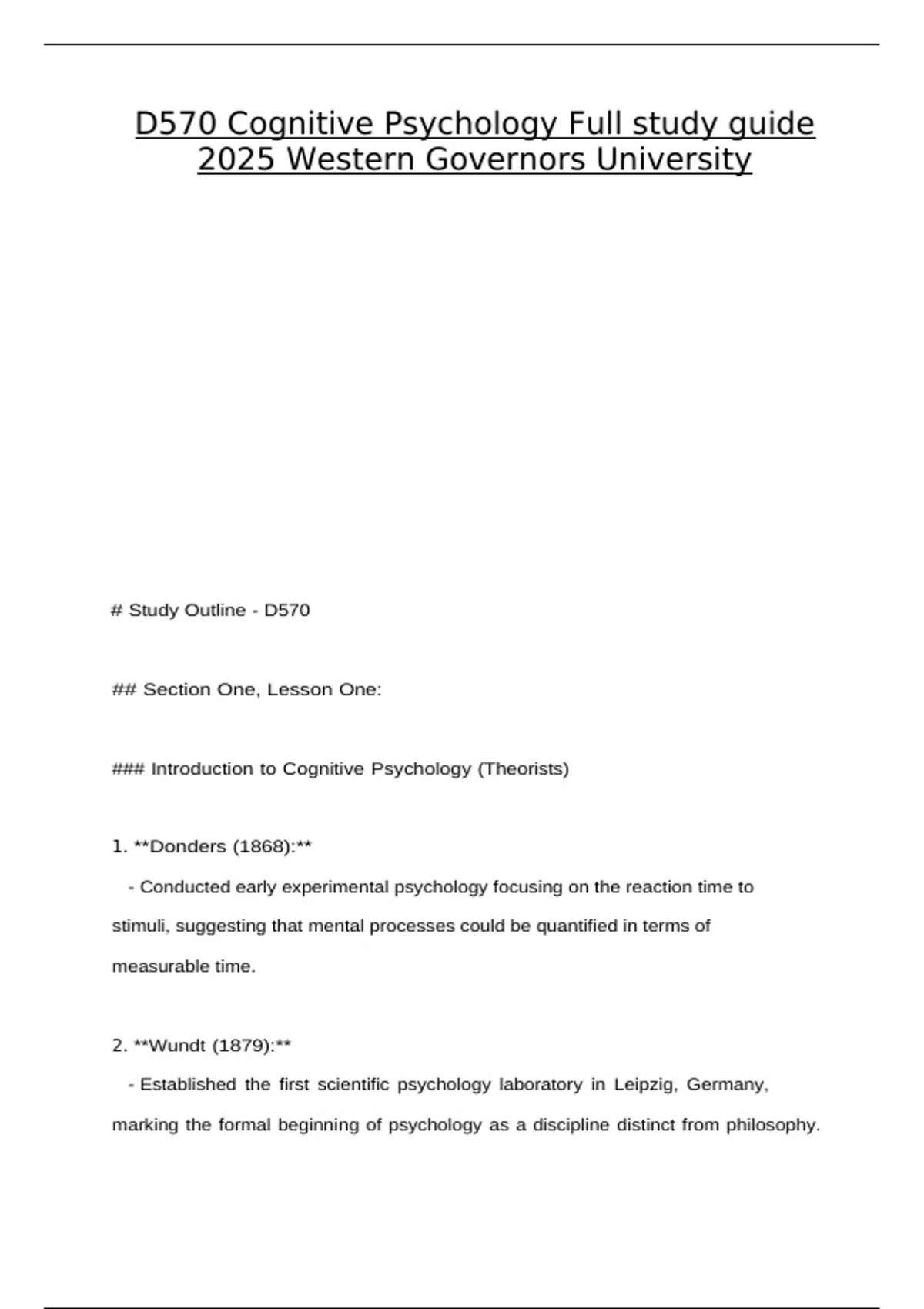 D570 Cognitive Psychology Full study guide 2025 Western Governors ...