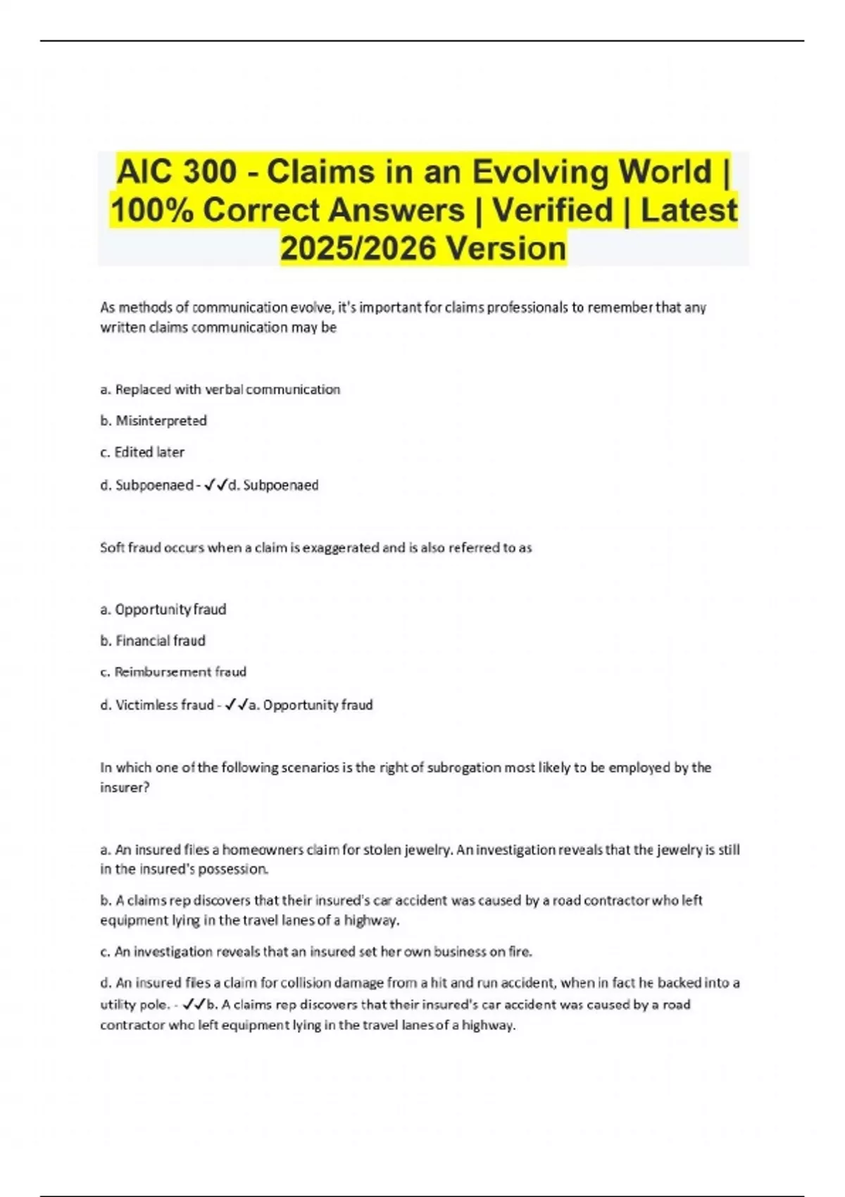AIC 300 - Claims in an Evolving World | 100% Correct Answers | Verified ...