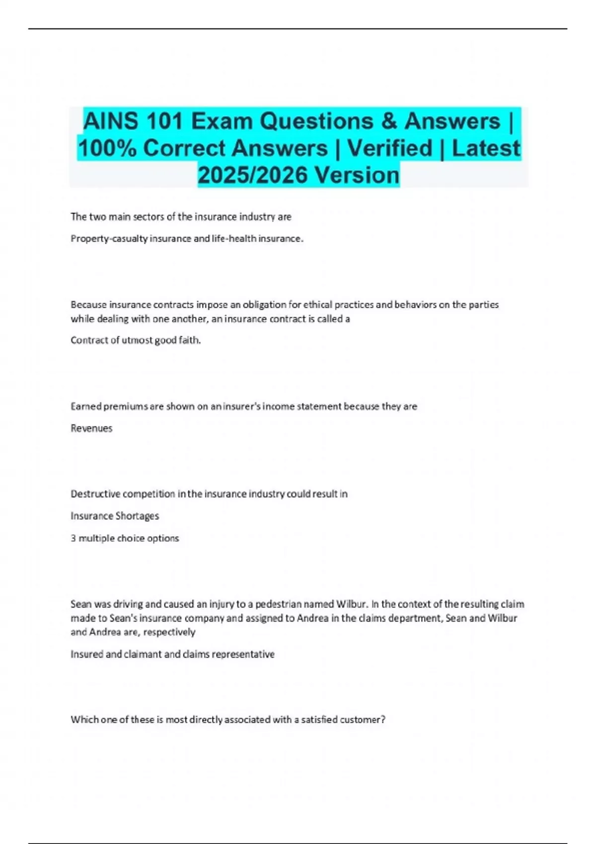 AINS 101 Exam Questions & Answers | 100% Correct Answers | Verified ...