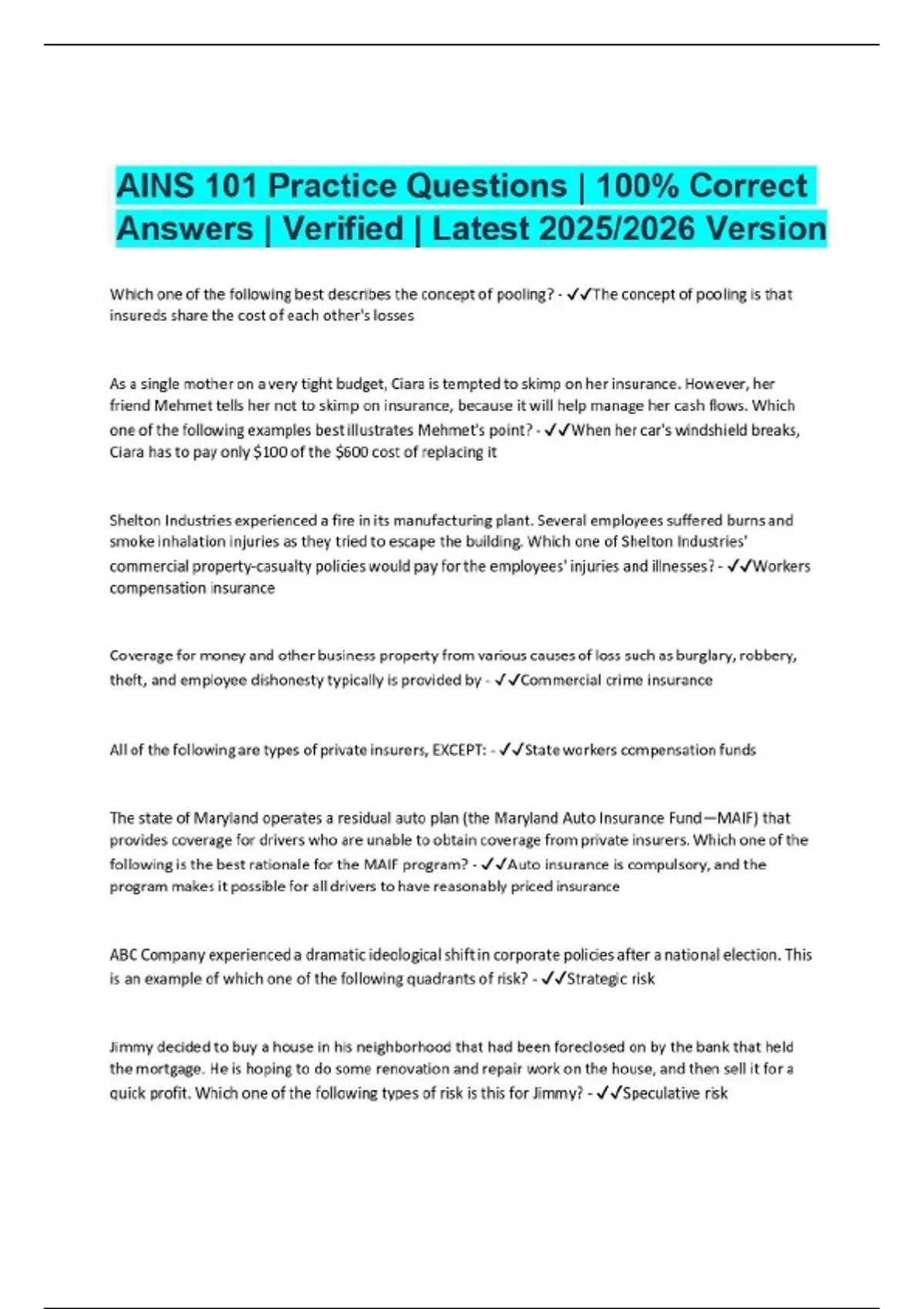 AINS 101 Practice Questions | 100% Correct Answers | Verified | Latest ...