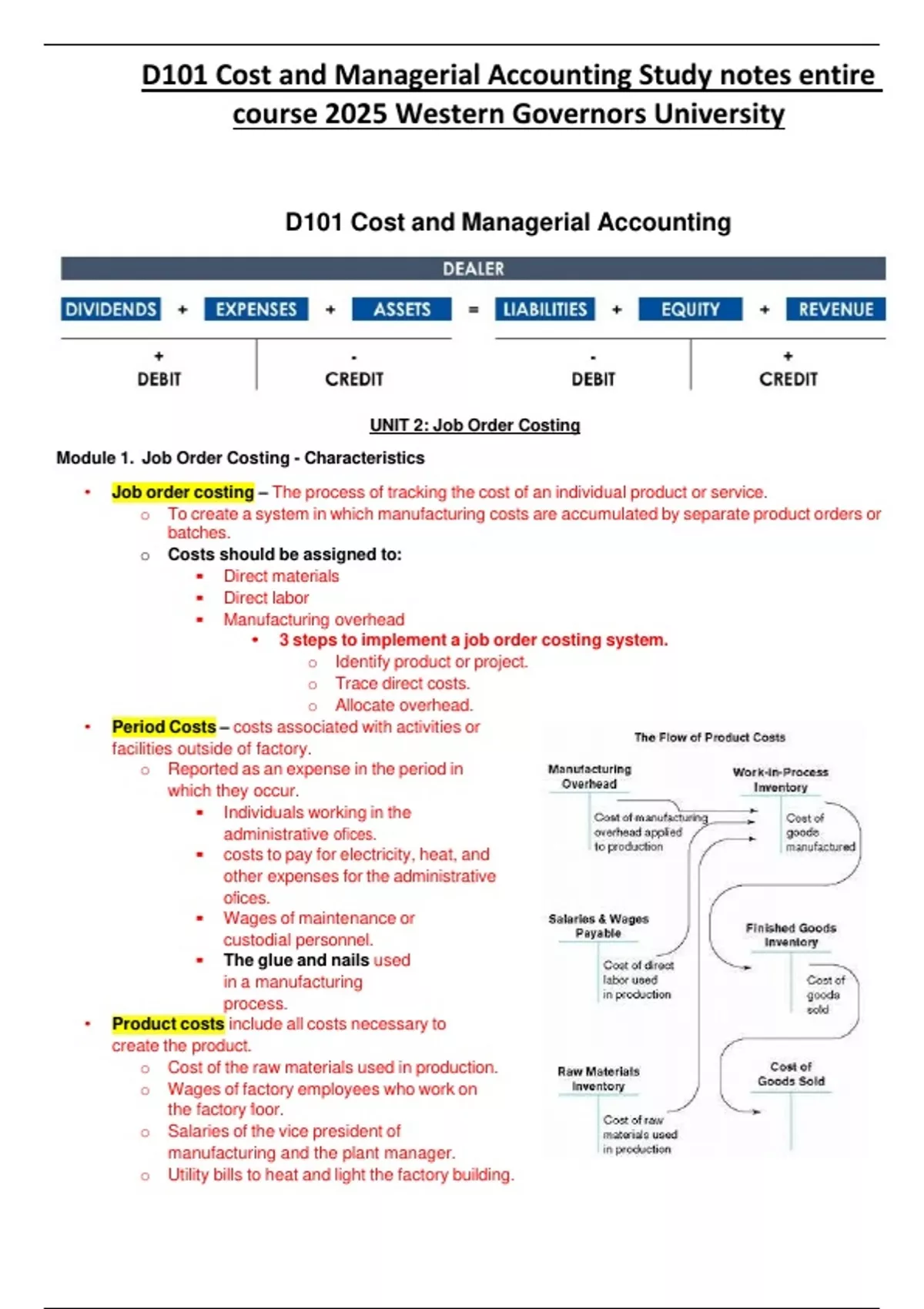 D101 Cost and Managerial Accounting Study notes entire course 2025 ...