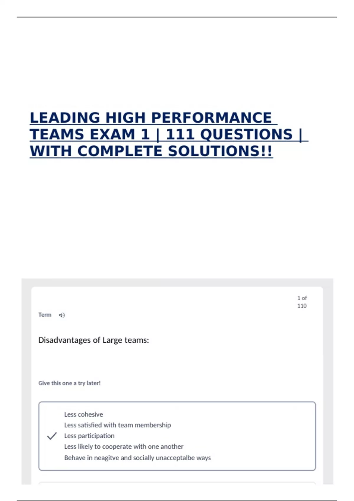 LEADING HIGH PERFORMANCE TEAMS EXAM 1 | 111 QUESTIONS | WITH COMPLETE ...