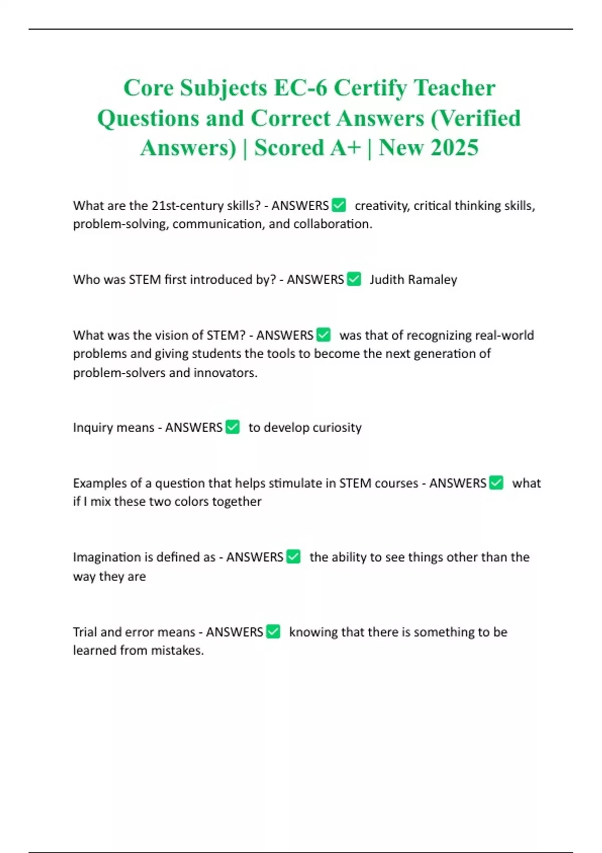 Core Subjects EC-6 Certify Teacher Questions and Correct Answers ...