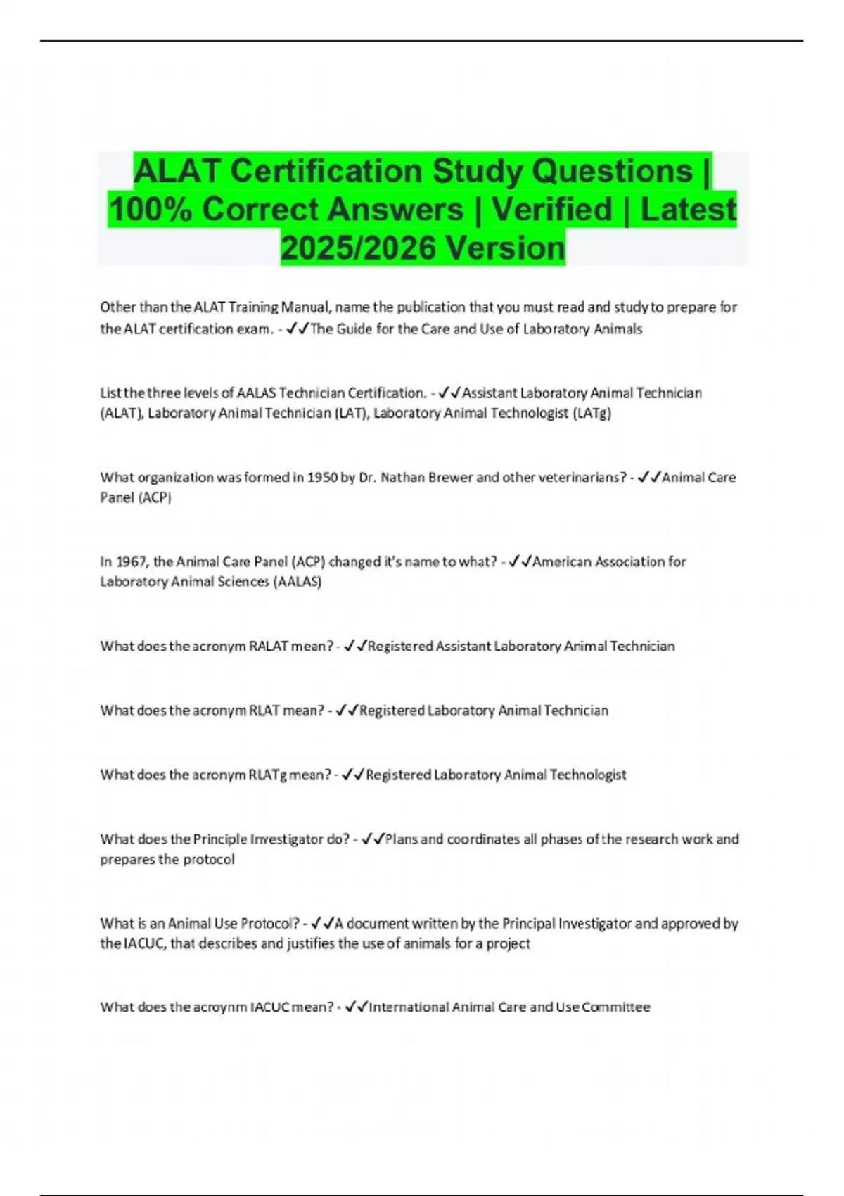 ALAT Certification Study Questions |100% Correct Answers | Verified ...