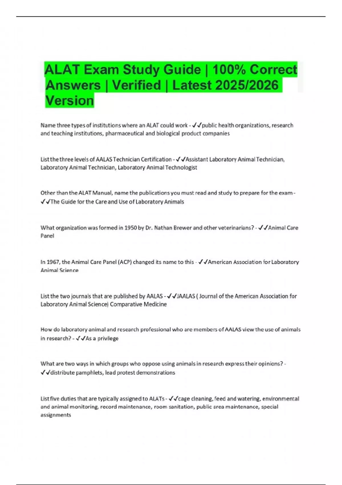 ALAT Exam Study Guide | 100% Correct Answers | Verified | Latest 2025/ ...