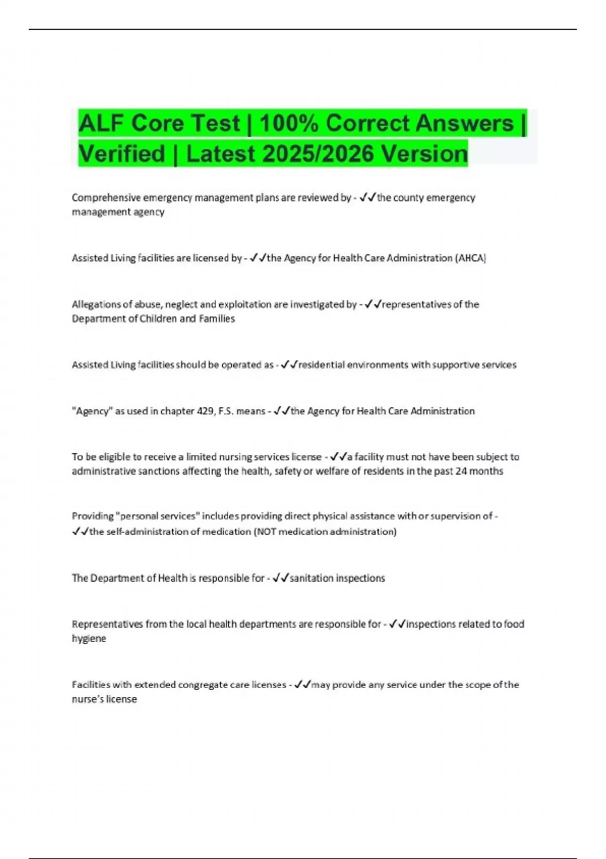 ALF Core Test | 100% Correct Answers | Verified | Latest 2025/2026 ...