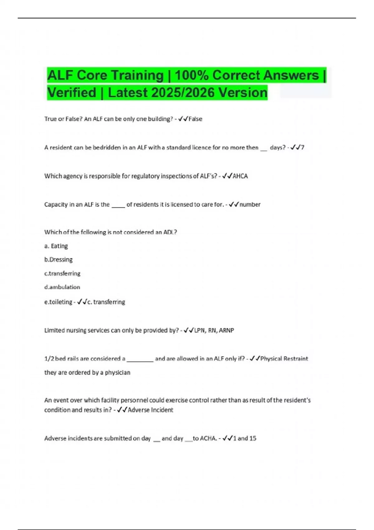 ALF Core Training | 100% Correct Answers | Verified | Latest 2025/2026 ...