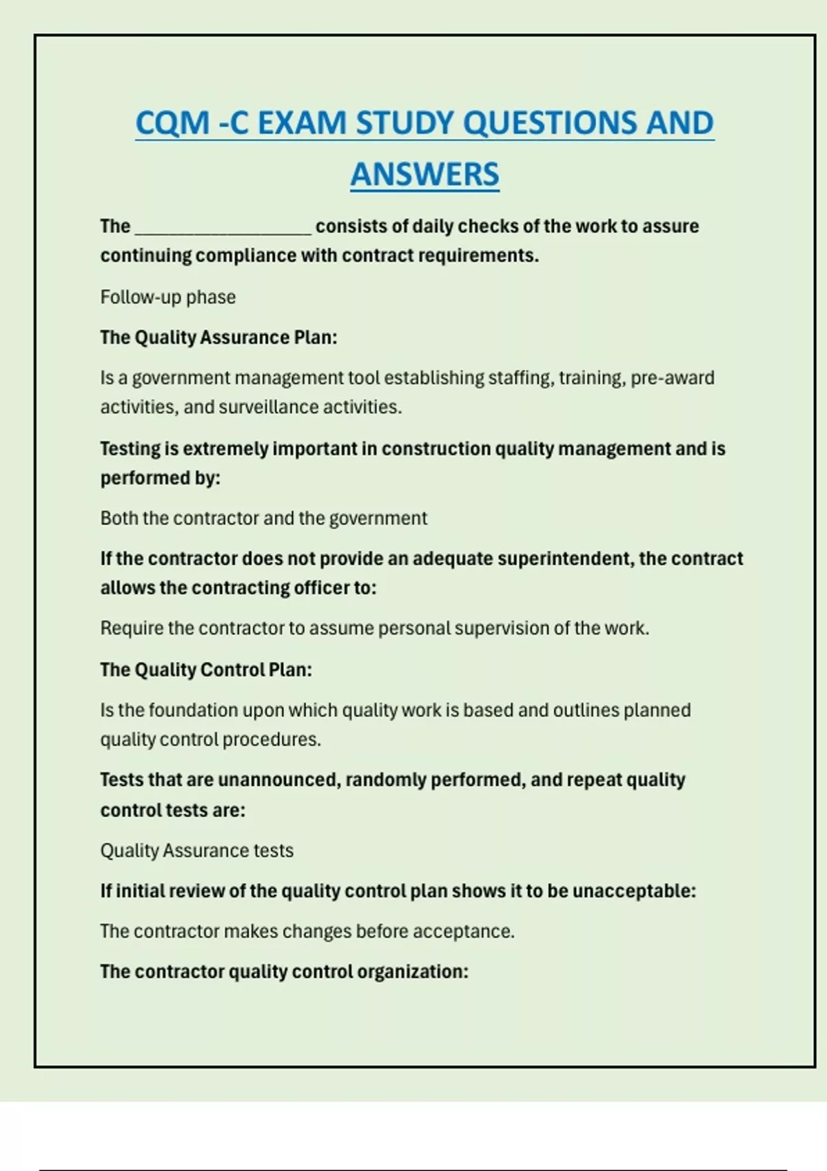 CQM -C EXAM STUDY QUESTIONS AND ANSWERS - CQM-C. - Stuvia US