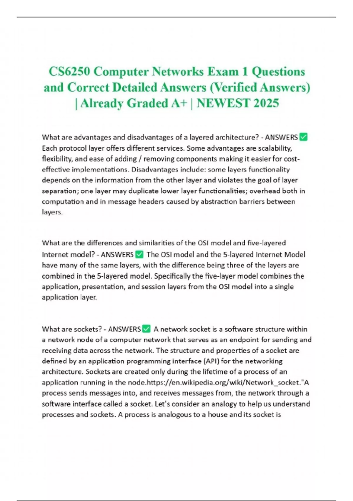 CS6250 Computer Networks Exam 1 Questions and Correct Detailed Answers (Verified Answers ...