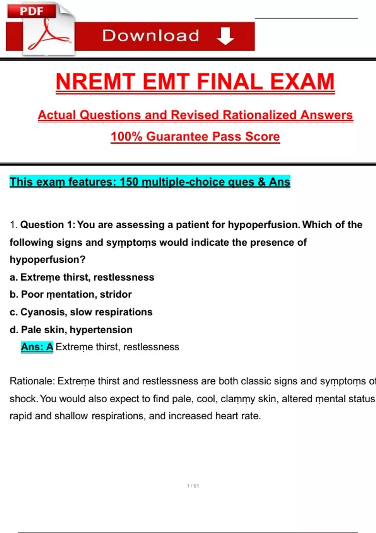 NREMT EMT Final Exam (Latest 2025 / 2026): Most Comprehensive Qs & Ans ...