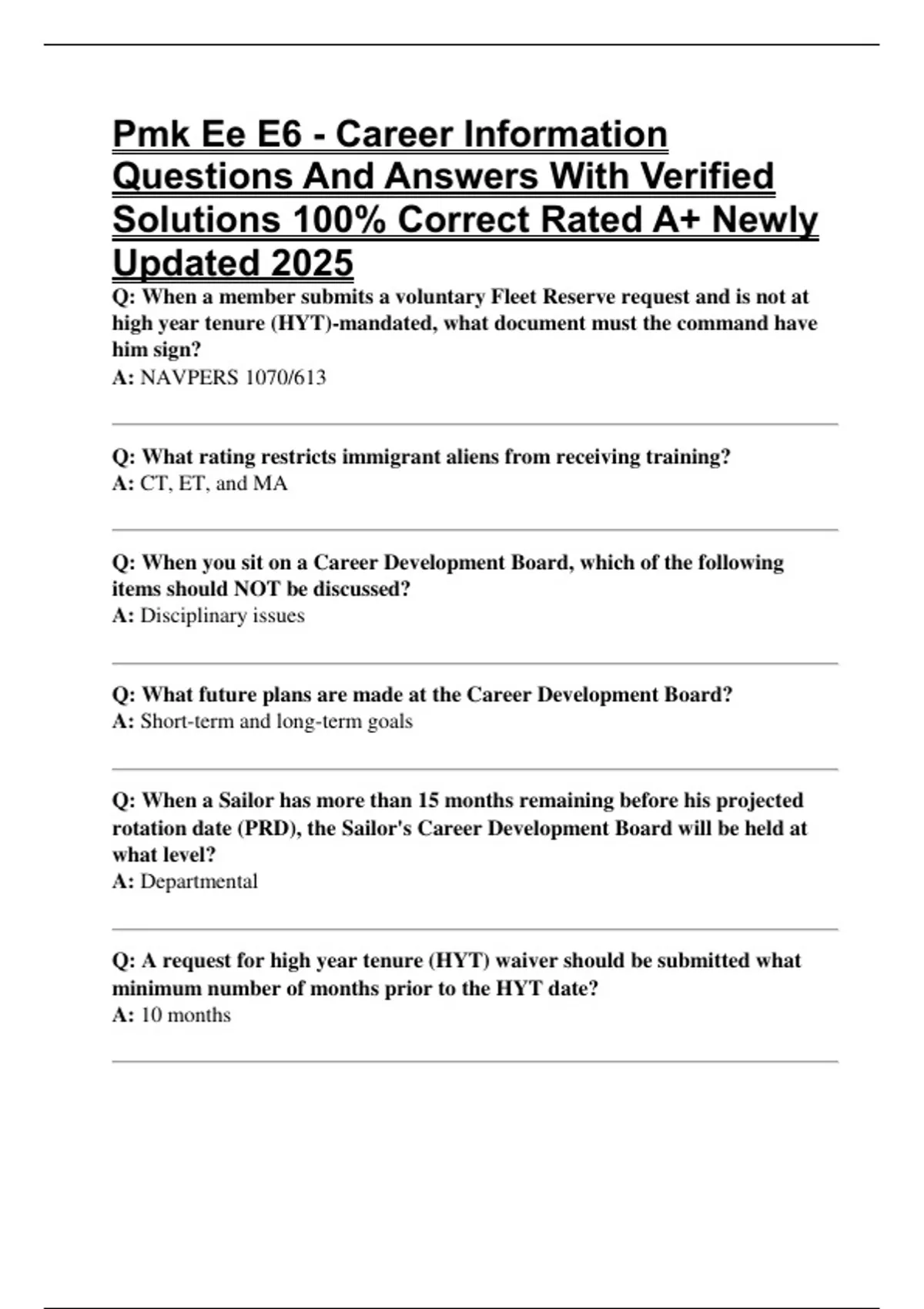 Pmk Ee E6 - Career Information Questions And Answers With Verified Solutions 100% Correct Rated ...