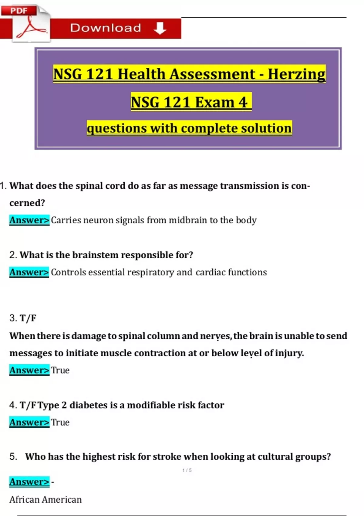 NSG 121 Exam 4 Test Qs with Ans - Herzing (2026 / 2027) Comprehensive ...