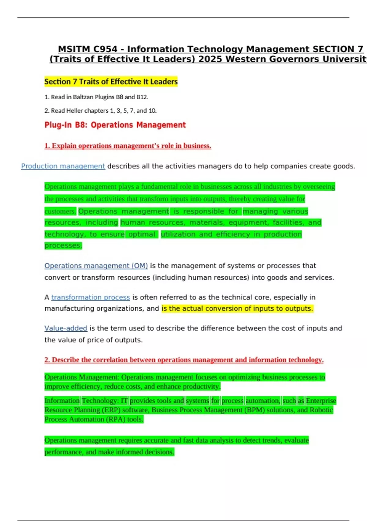 MSITM C954 - Information Technology Management SECTION 7 (Traits of ...