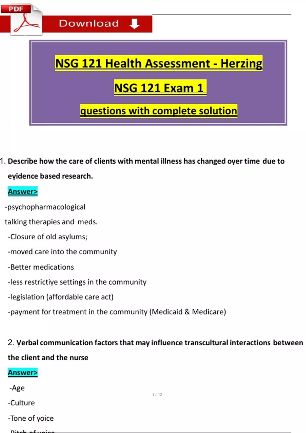 NSG 121 Exam 1 Test Qs with Ans - Herzing (2025 / 2026) Comprehensive ...