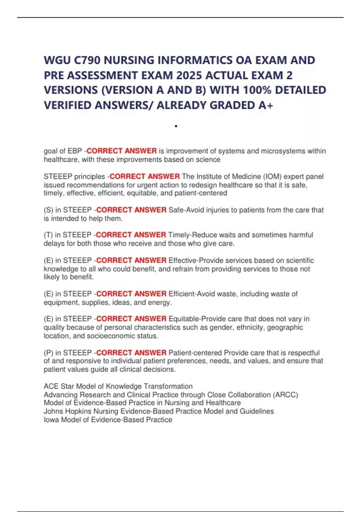 WGU C790 NURSING INFORMATICS OA EXAM AND PRE ASSESSMENT EXAM 2025 ...