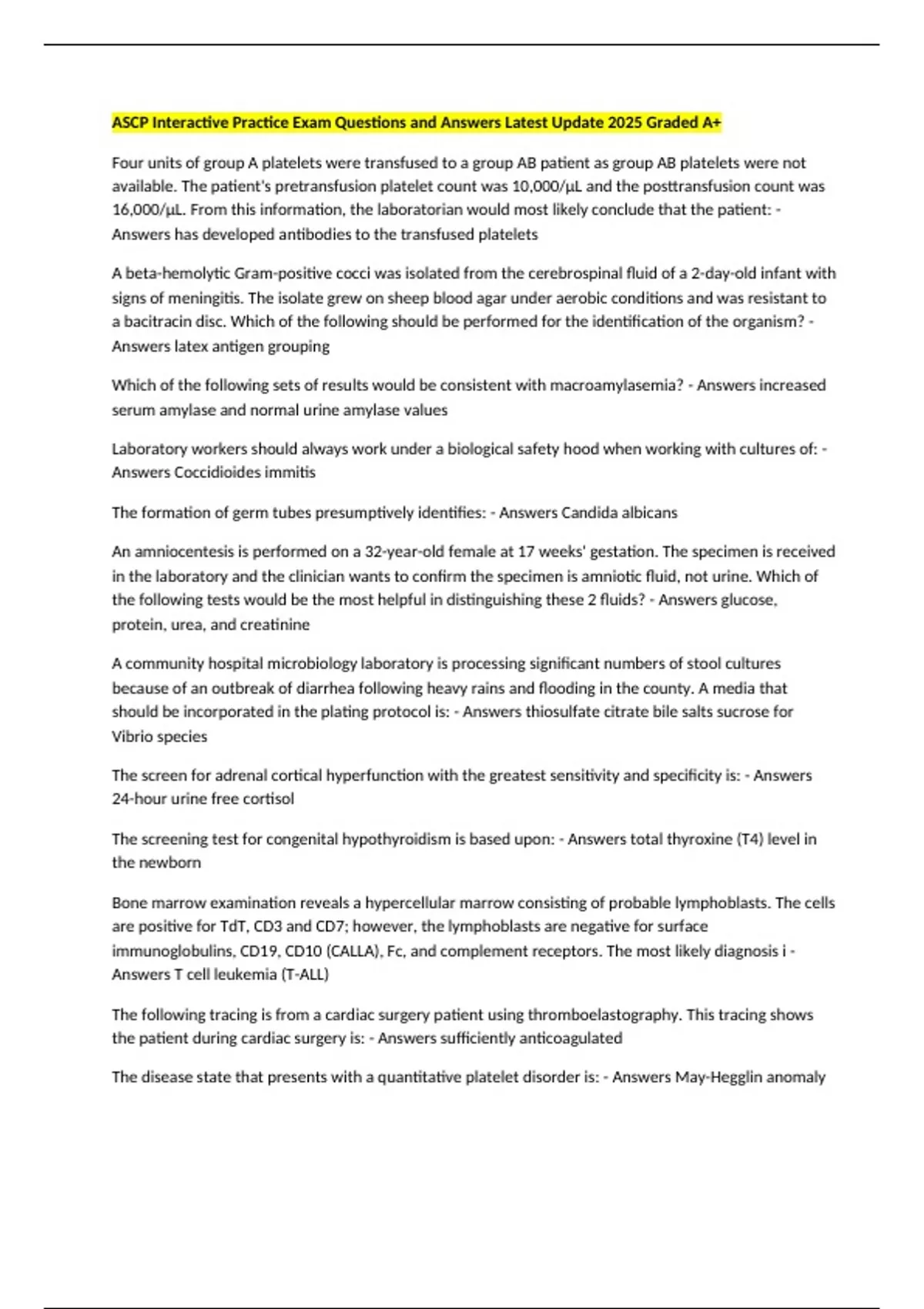 ASCP Interactive Practice Exam Questions and Answers Latest Update 2025 ...