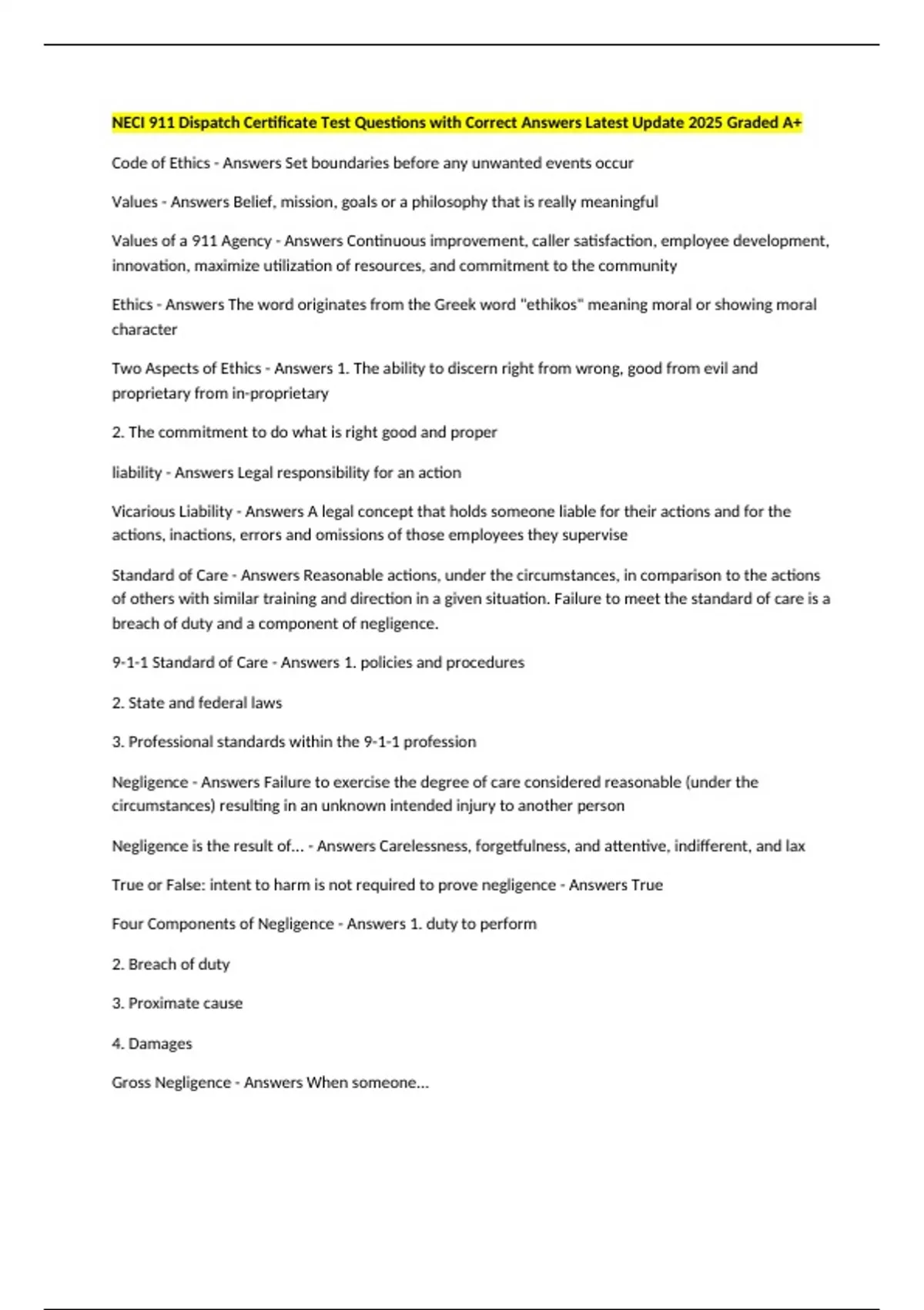 NECI 911 Dispatch Certificate Test Questions with Correct Answers ...