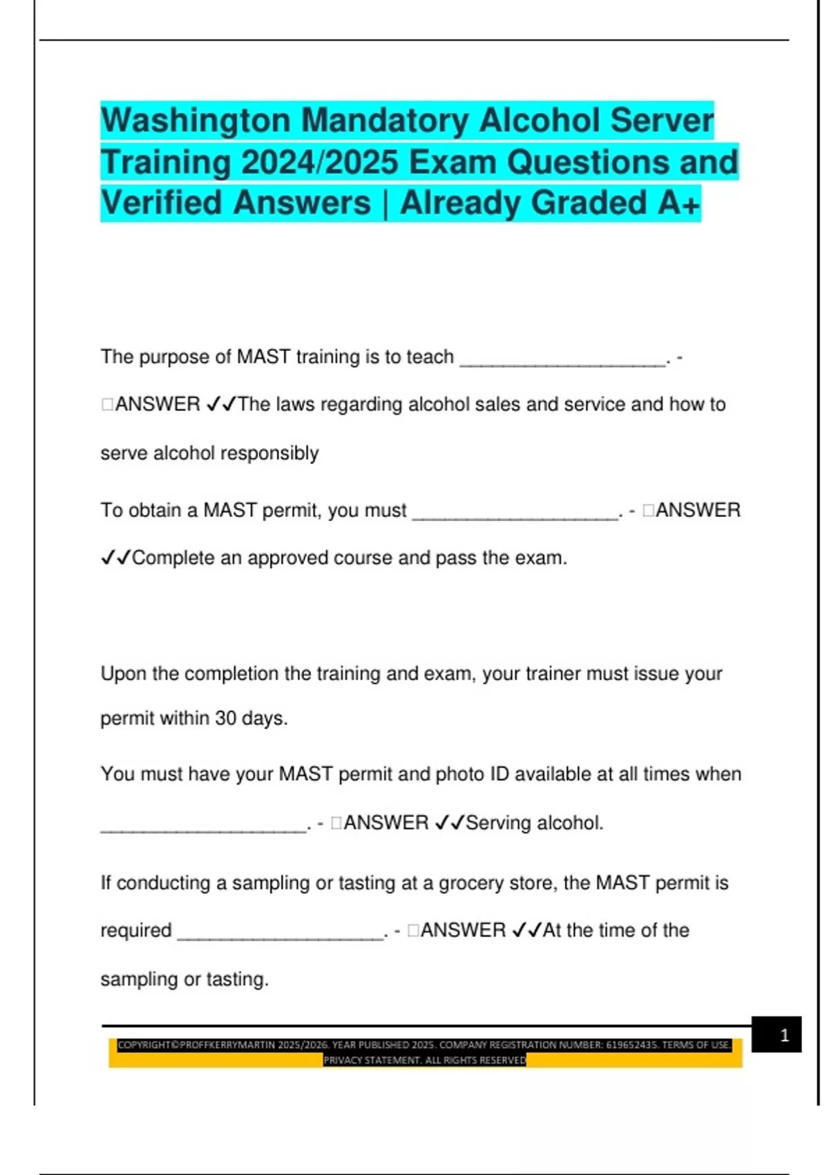 Washington Mandatory Alcohol Server Training 2024/2025 Exam Questions ...