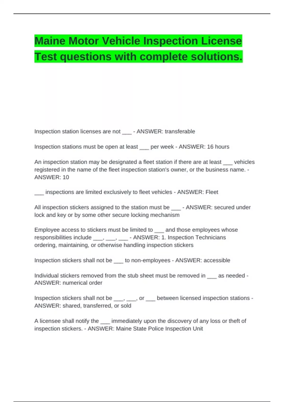 Maine Motor Vehicle Inspection License Test questions with complete ...