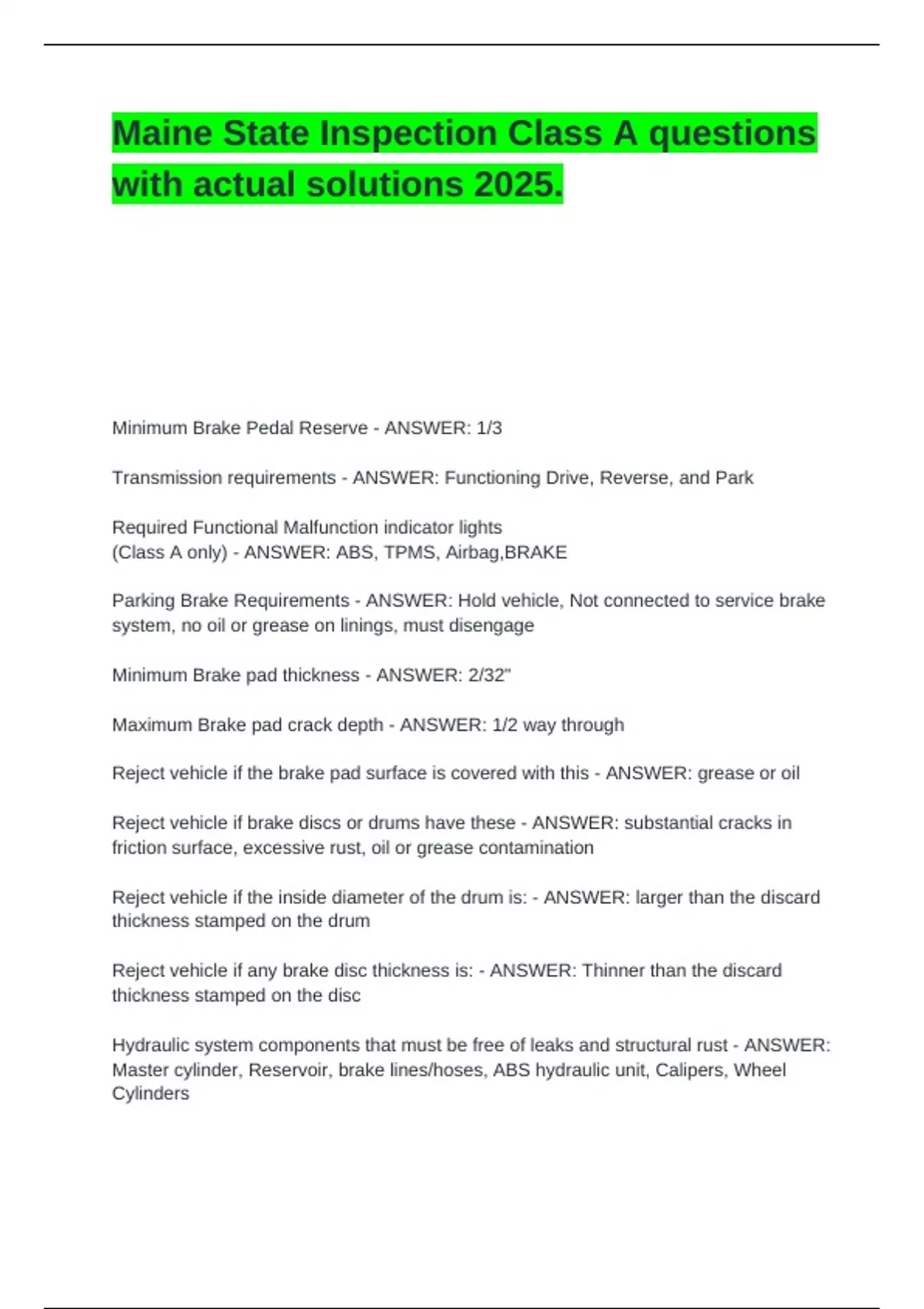 Maine State Inspection Class A questions with actual solutions 2025 ...
