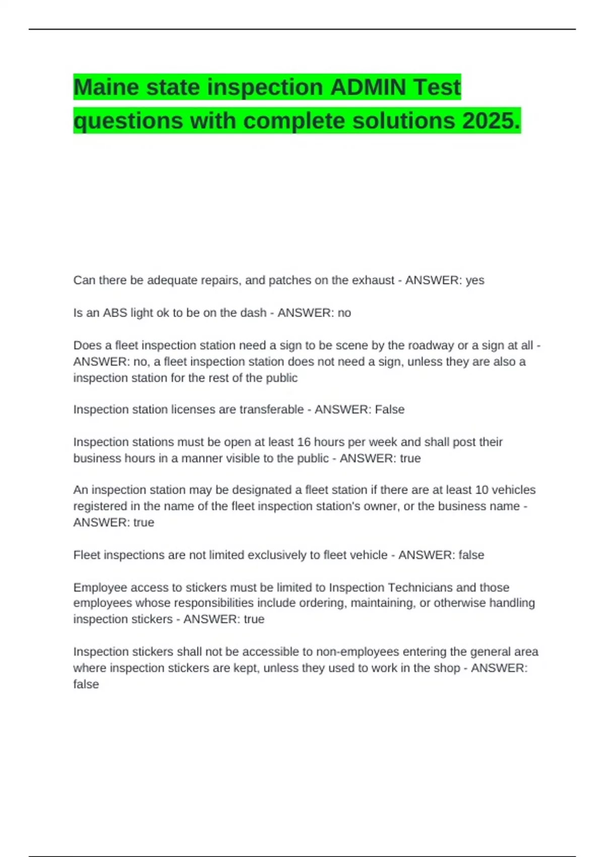 Maine state inspection ADMIN Test questions with complete solutions ...