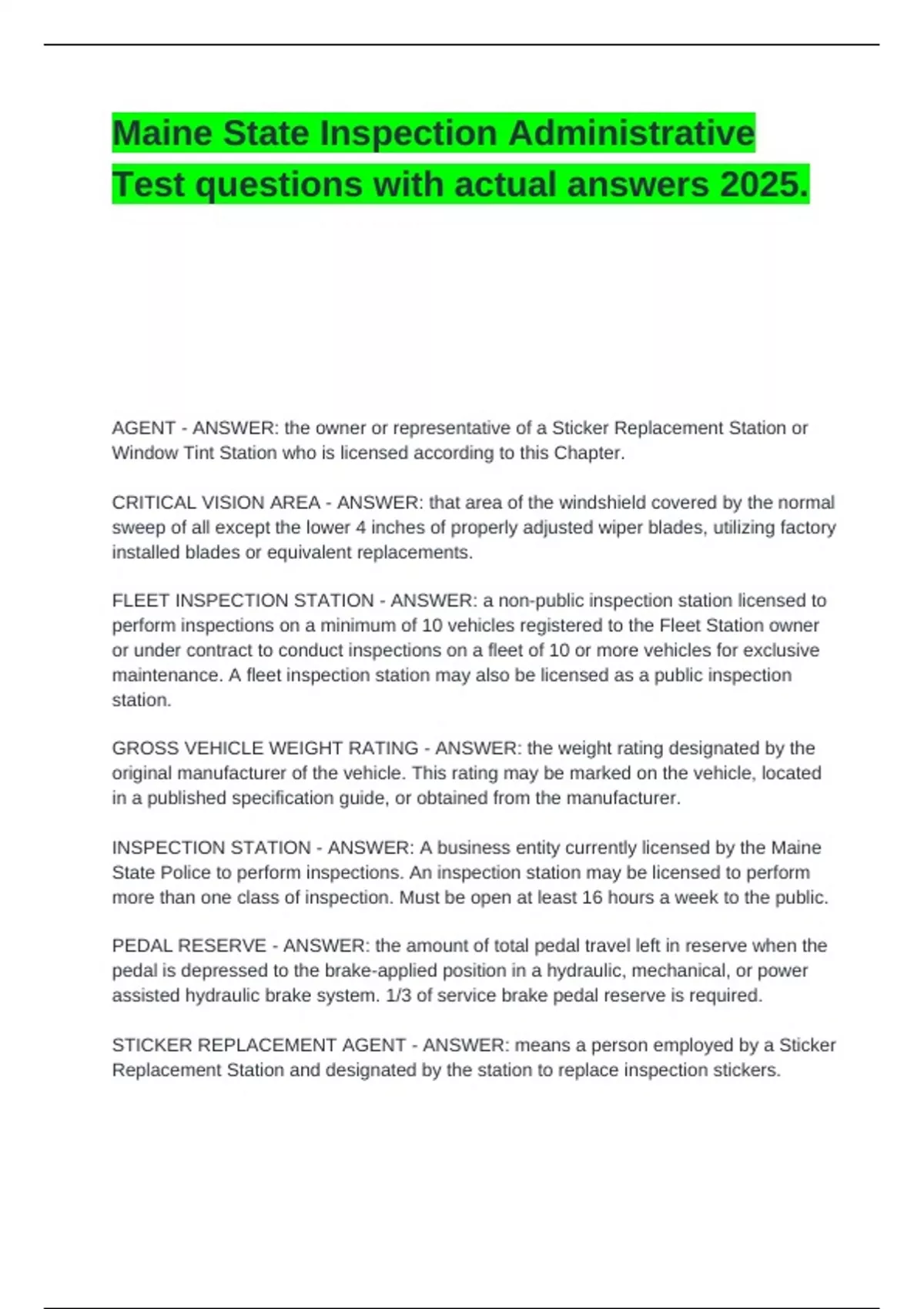 Maine State Inspection Administrative Test questions with actual ...