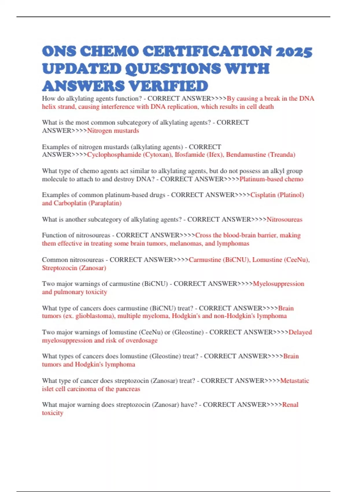 ONS CHEMO CERTIFICATION 2025 UPDATED QUESTIONS WITH ANSWERS VERIFIED ...