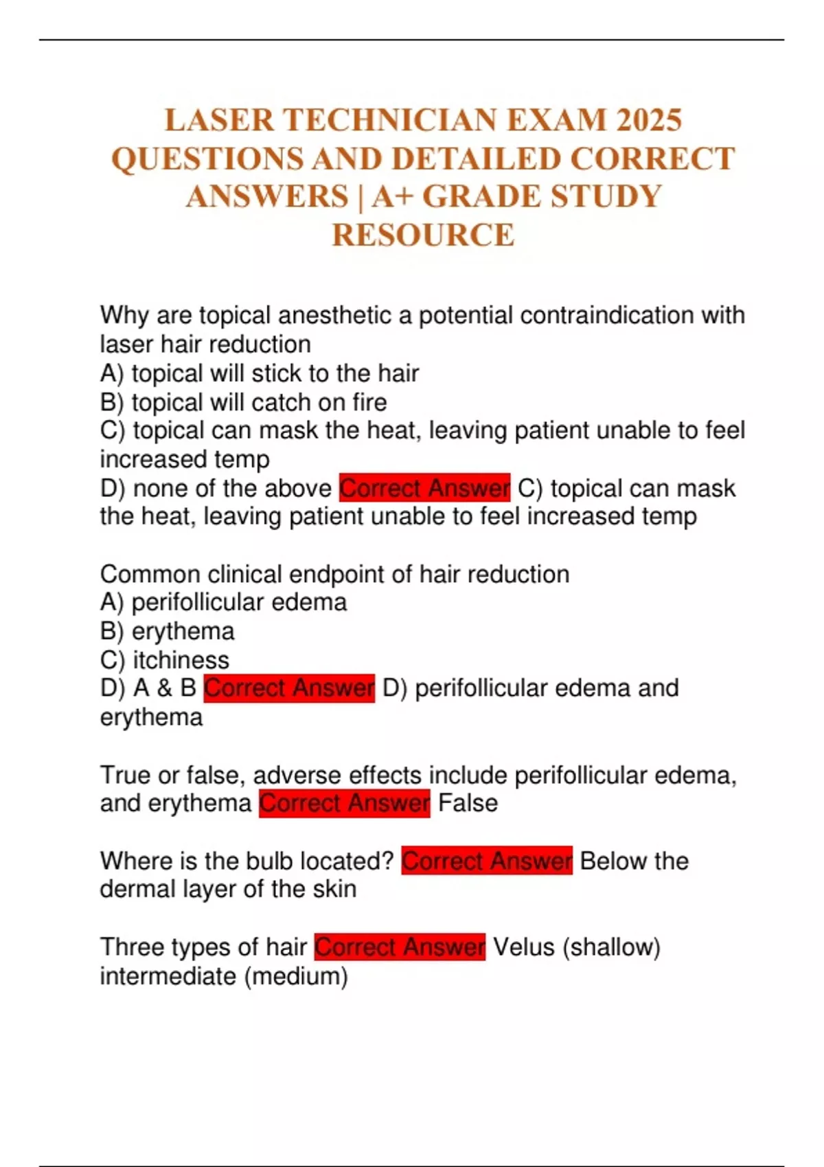 LASER TECHNICIAN EXAM 2025 QUESTIONS AND DETAILED CORRECT ANSWERS | A+ ...