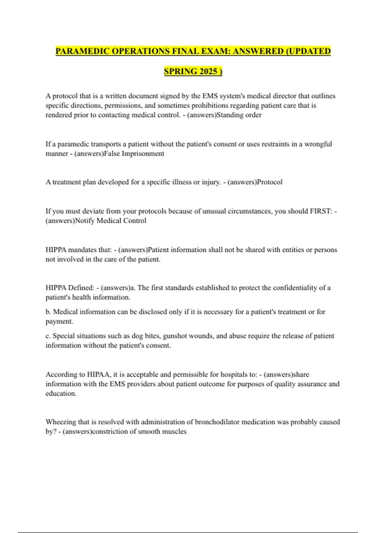 PARAMEDIC OPERATIONS FINAL EXAM: ANSWERED (UPDATED SPRING 2025 ...