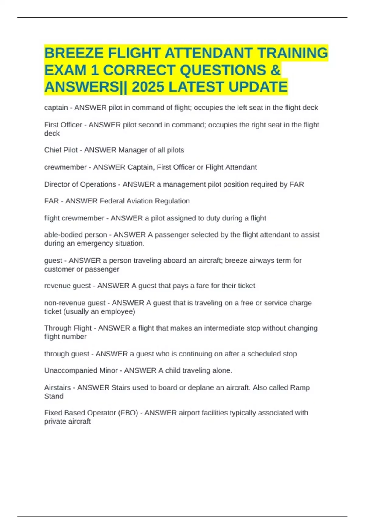 BREEZE FLIGHT ATTENDANT TRAINING EXAM 1 CORRECT QUESTIONS & ANSWERS ...
