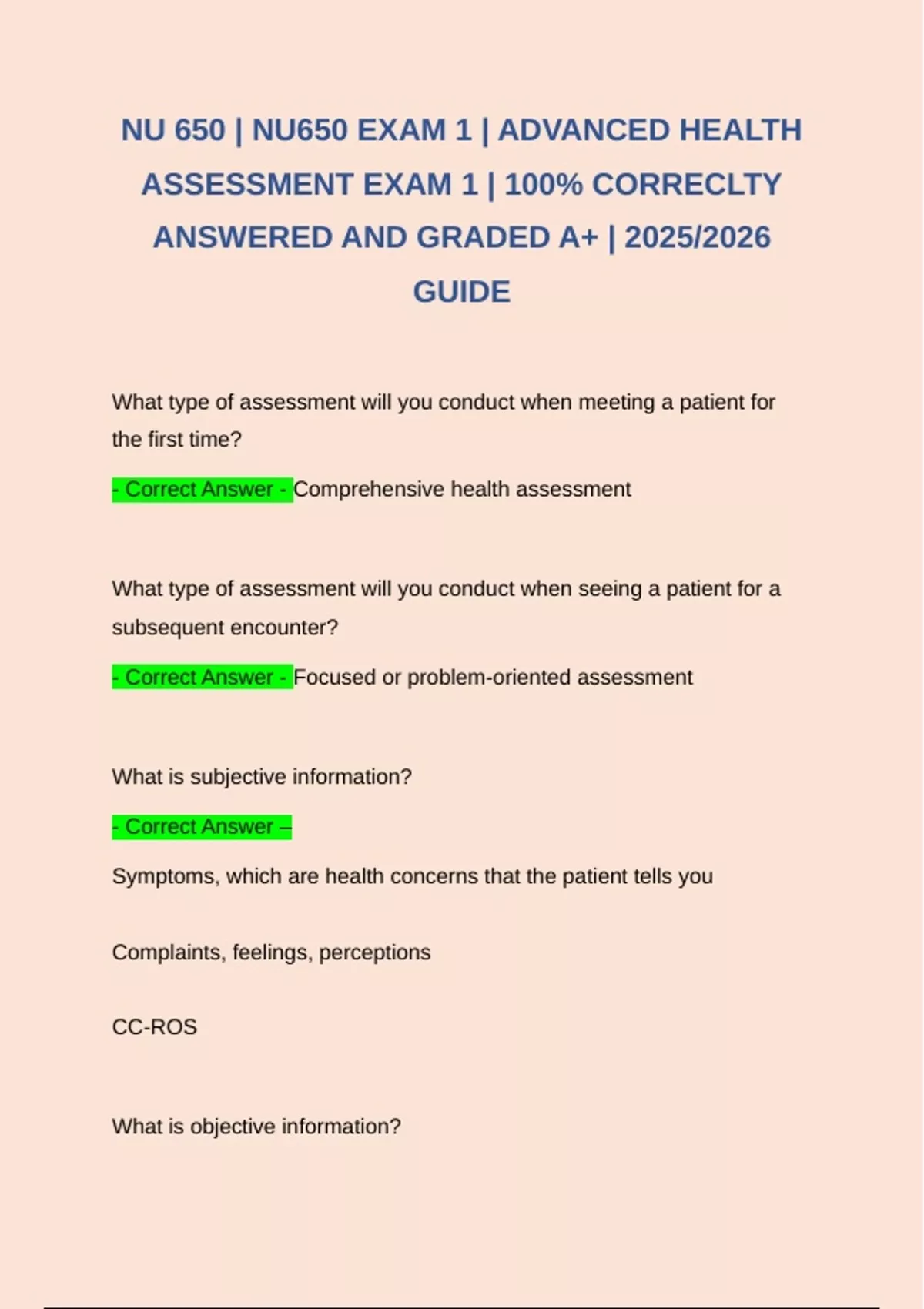 NU 650 | NU650 EXAM 1 | ADVANCED HEALTH ASSESSMENT EXAM 1 | 100% ...