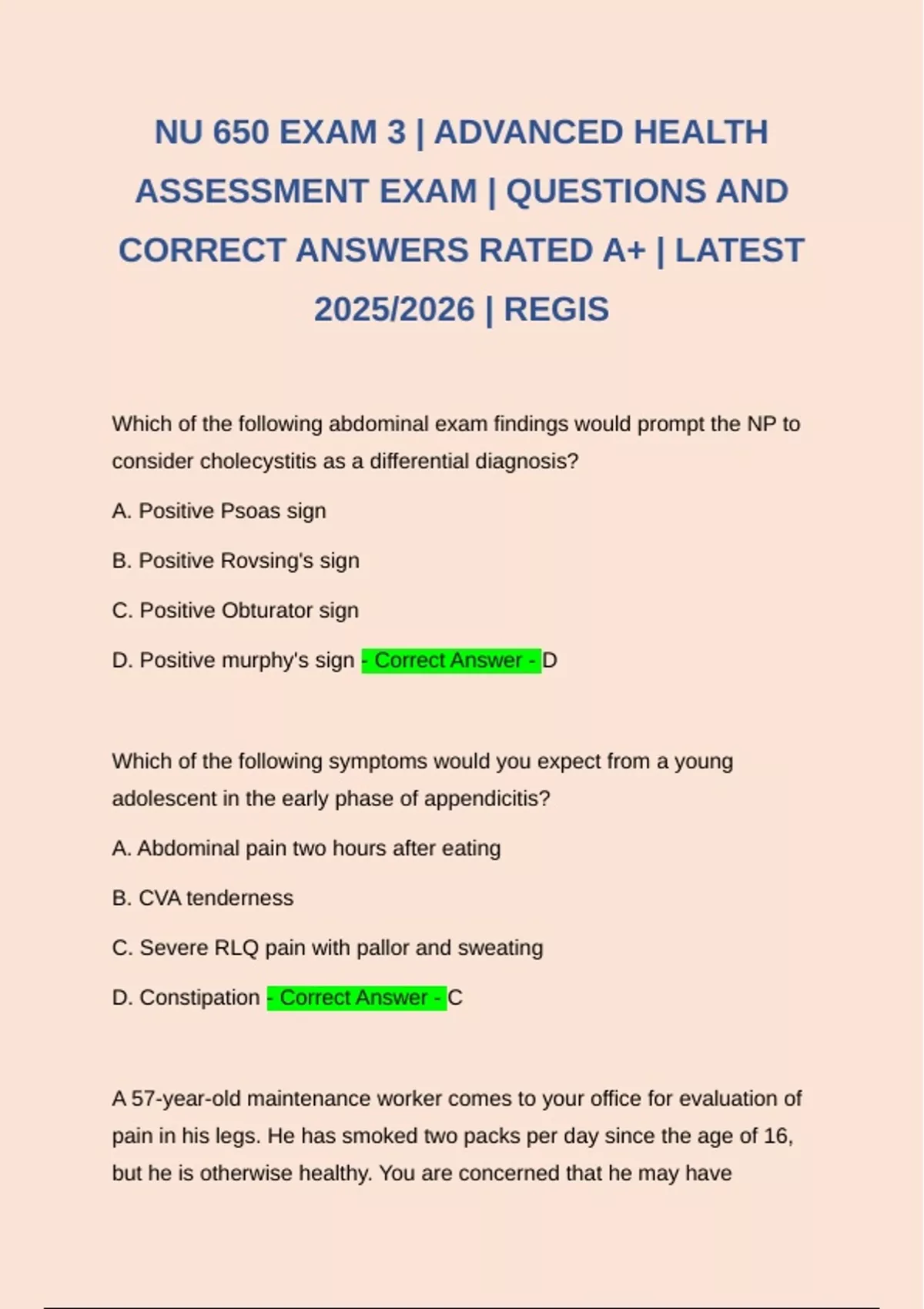 NU 650 EXAM 3 | ADVANCED HEALTH ASSESSMENT EXAM | QUESTIONS AND CORRECT ...