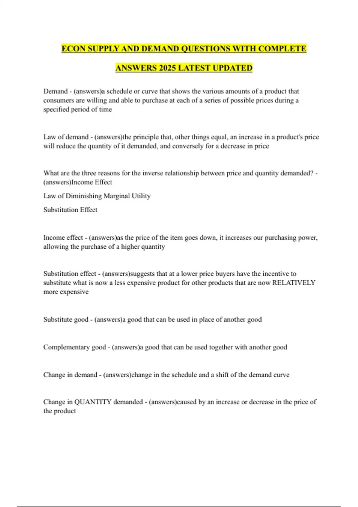 ECON SUPPLY AND DEMAND QUESTIONS WITH COMPLETE ANSWERS 2025 LATEST ...