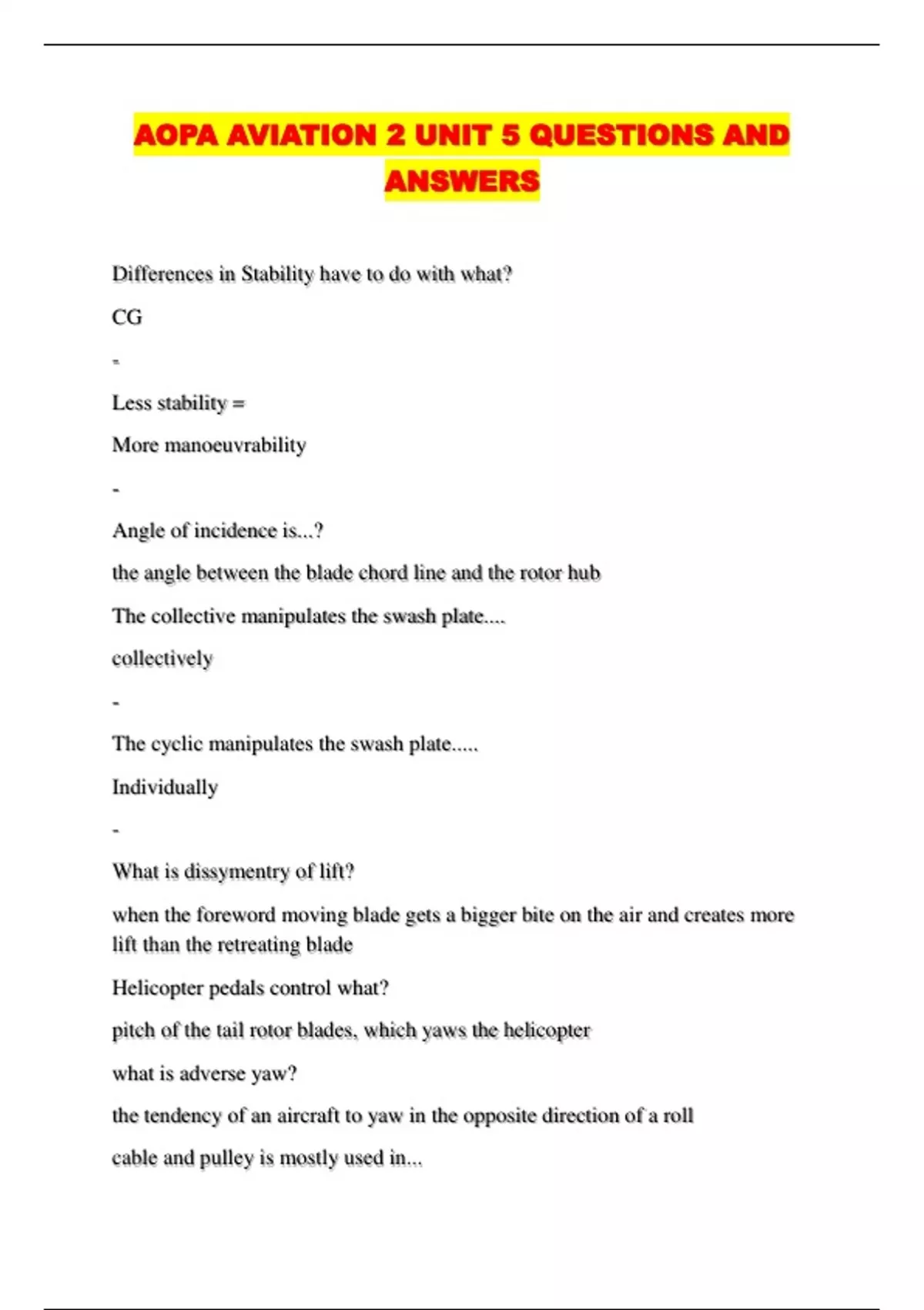AOPA AVIATION 2 UNIT 5 QUESTIONS AND ANSWERS - AOPA AVIATION 2 - Stuvia US