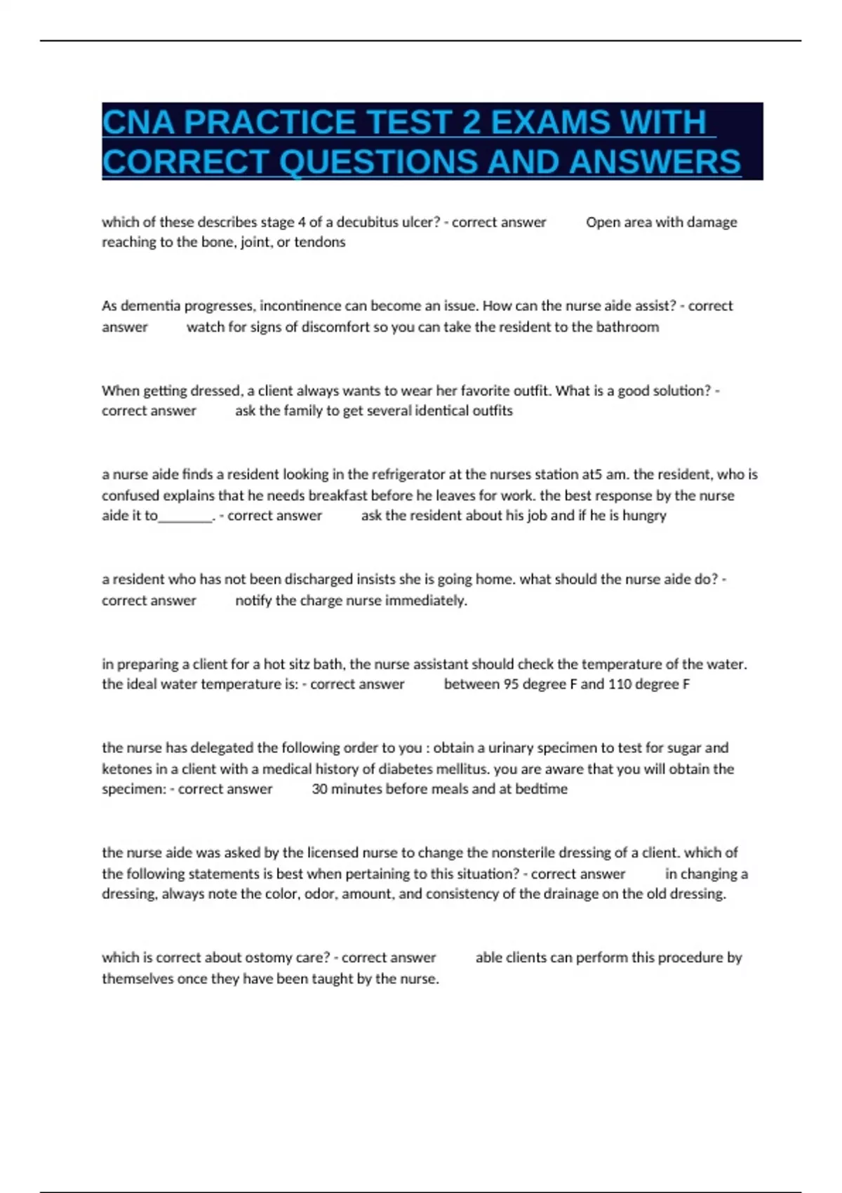 CNA PRACTICE TEST 2 EXAMS WITH CORRECT QUESTIONS AND ANSWERS - CNA ...