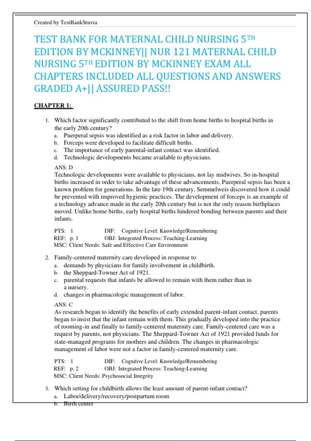 TEST BANK FOR MATERNAL CHILD NURSING 5TH EDITION BY MCKINNEY|| NUR 121 ...