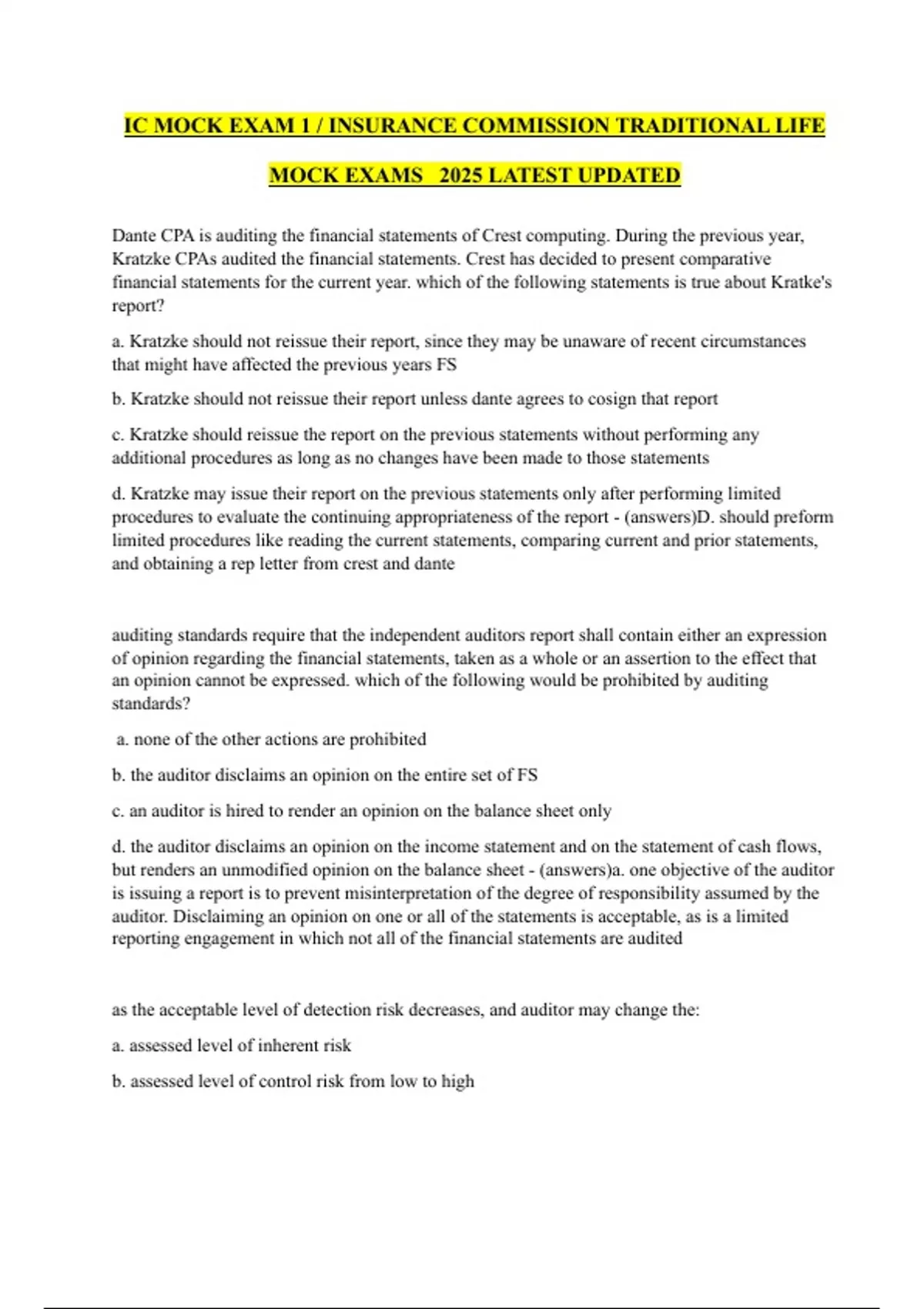IC MOCK EXAM 1 / INSURANCE COMMISSION TRADITIONAL LIFE MOCK EXAMS_ 2025 ...