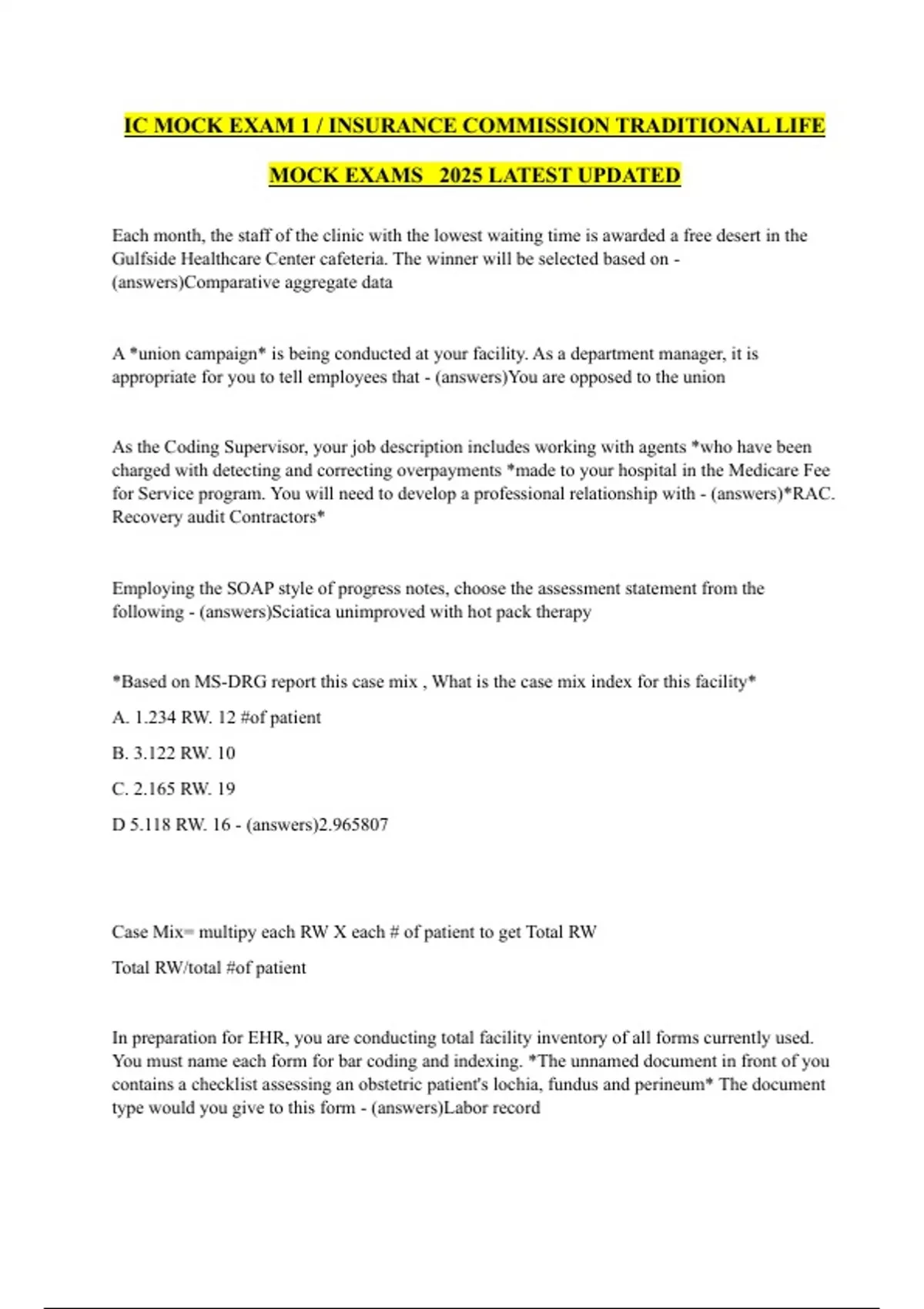 IC MOCK EXAM 1 / INSURANCE COMMISSION TRADITIONAL LIFE MOCK EXAMS_ 2025 ...