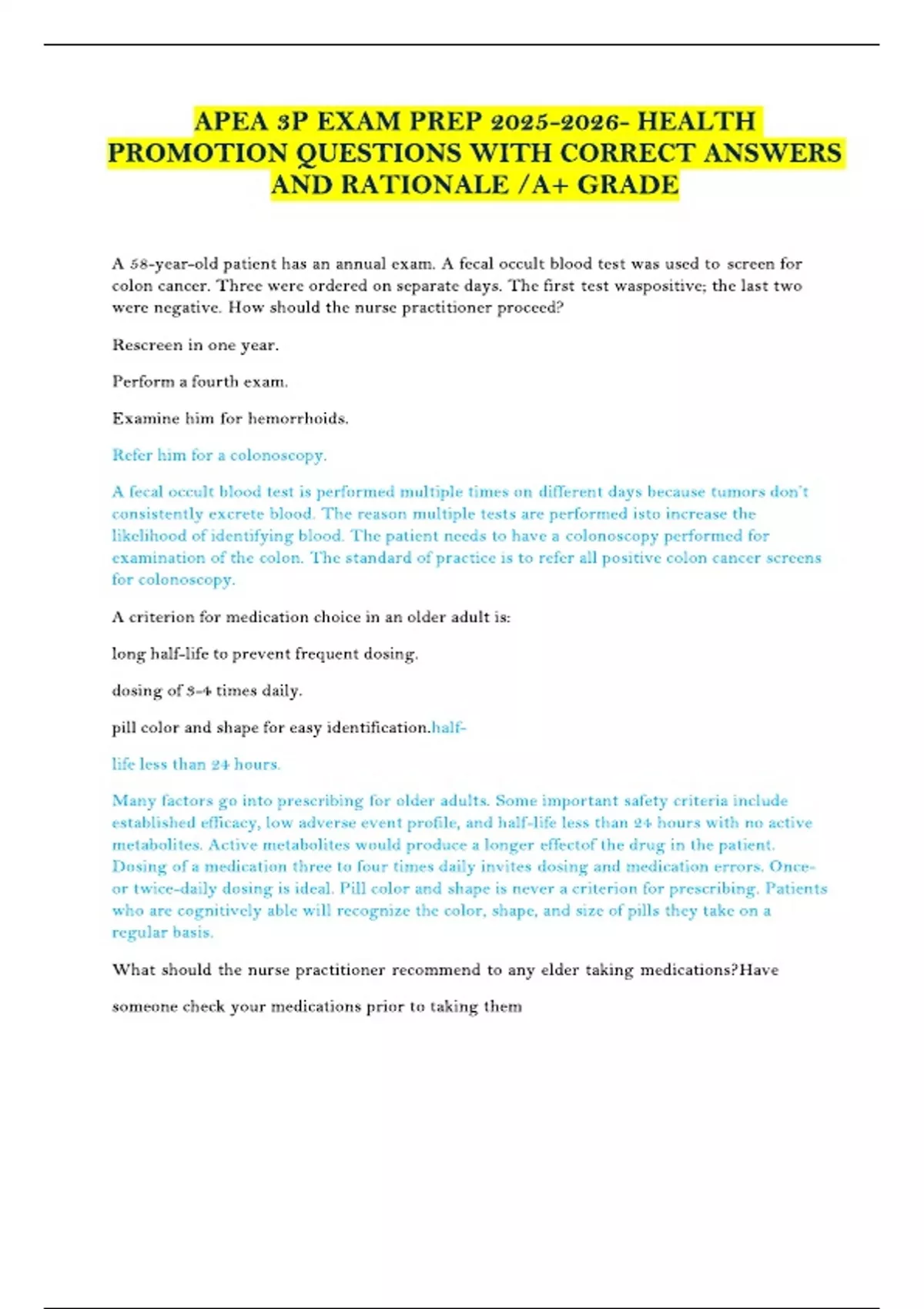 APEA 3P EXAM PREP - HEALTH PROMOTION QUESTIONS WITH CORRECT ANSWERS AND ...