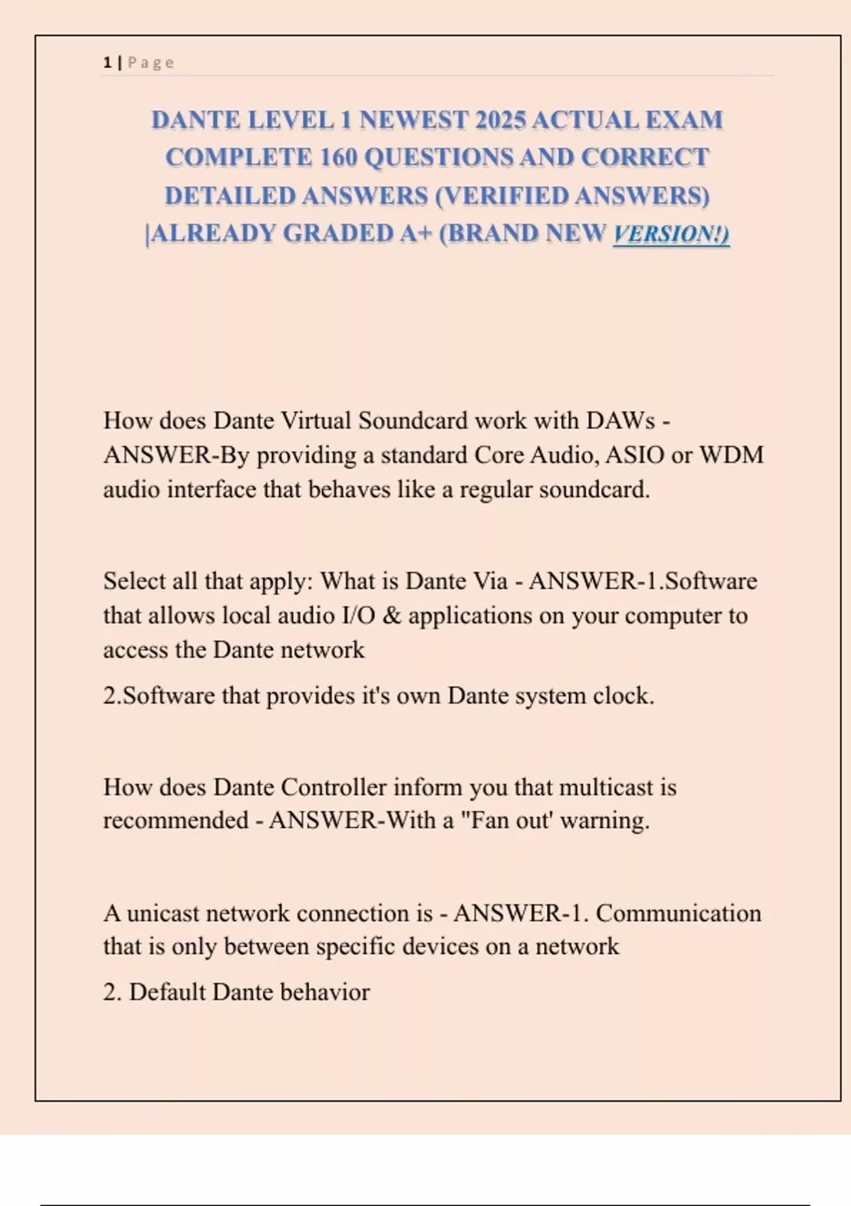 DANTE LEVEL 1 NEWEST 2025 ACTUAL EXAM COMPLETE 160 QUESTIONS AND ...