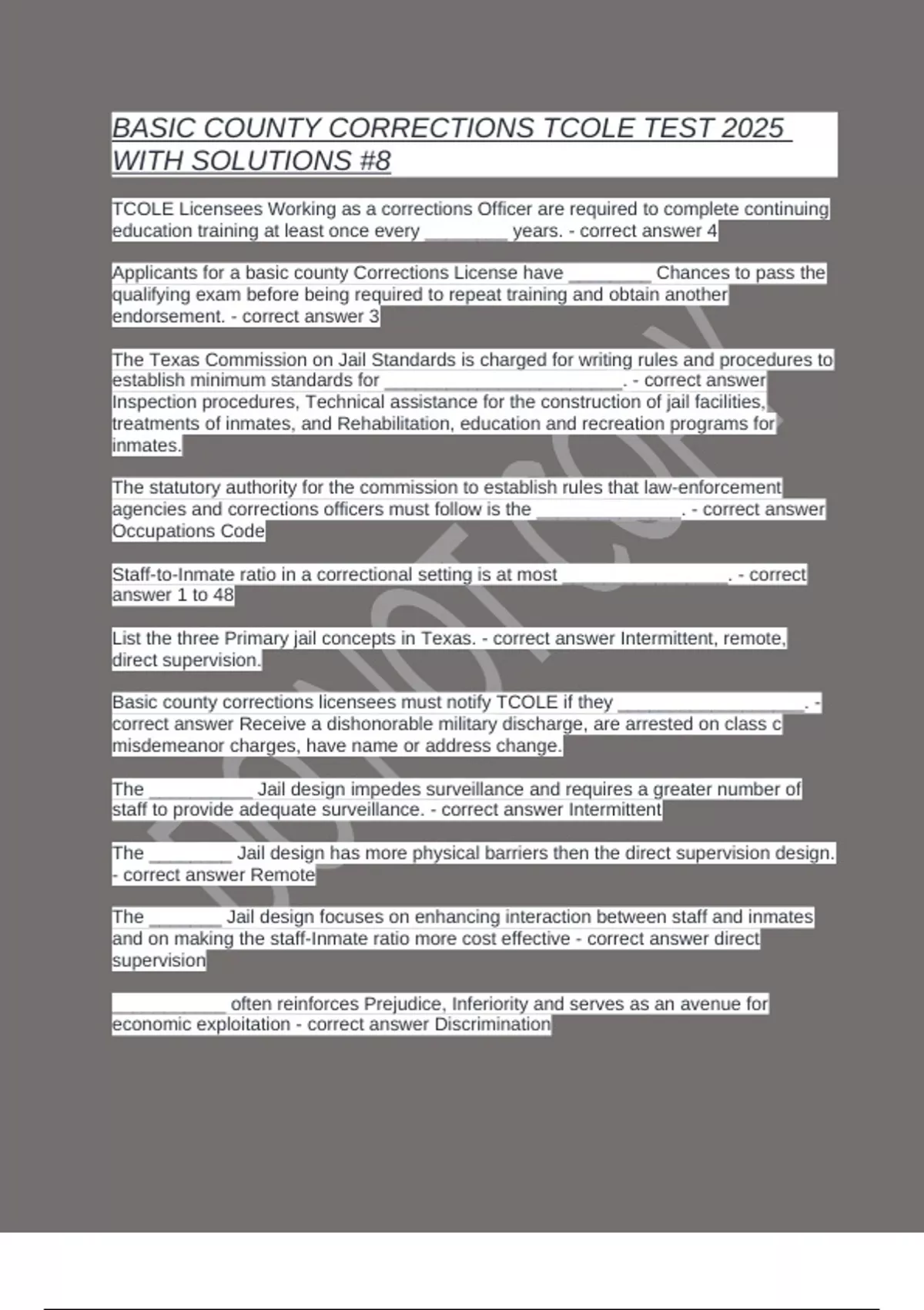 BASIC COUNTY CORRECTIONS TCOLE TEST 2025 WITH SOLUTIONS -8 - TCOLE ...