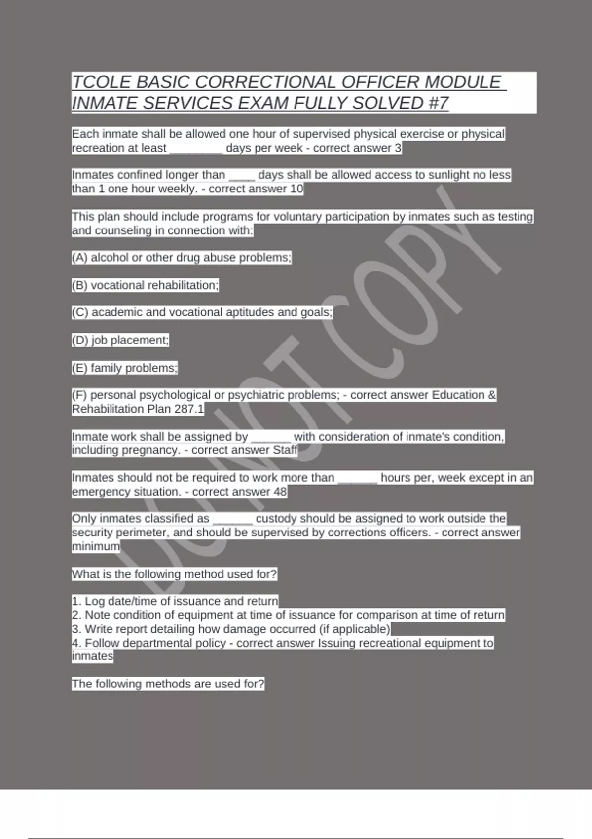 TCOLE BASIC CORRECTIONAL OFFICER MODULE INMATE SERVICES EXAM FULLY ...