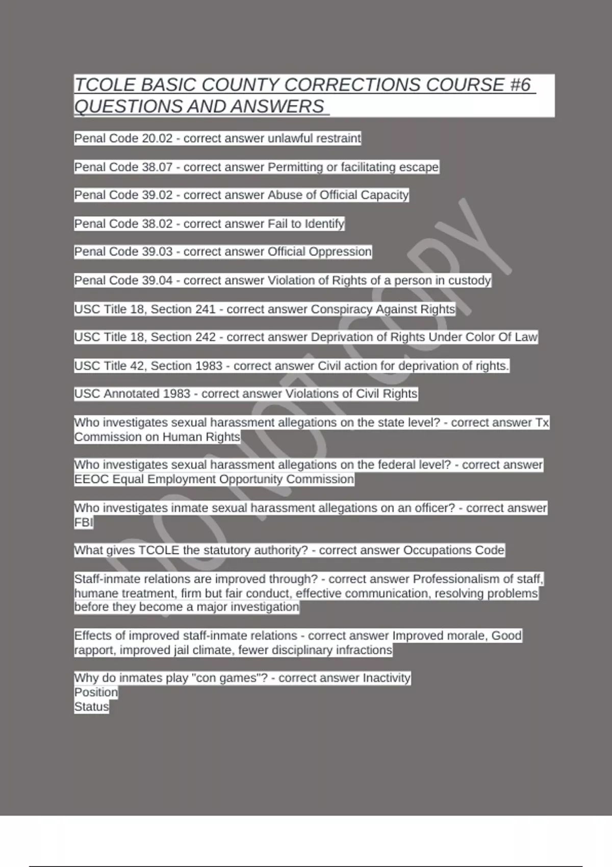 TCOLE BASIC COUNTY CORRECTIONS COURSE -6 QUESTIONS AND ANSWERS - TCOLE ...