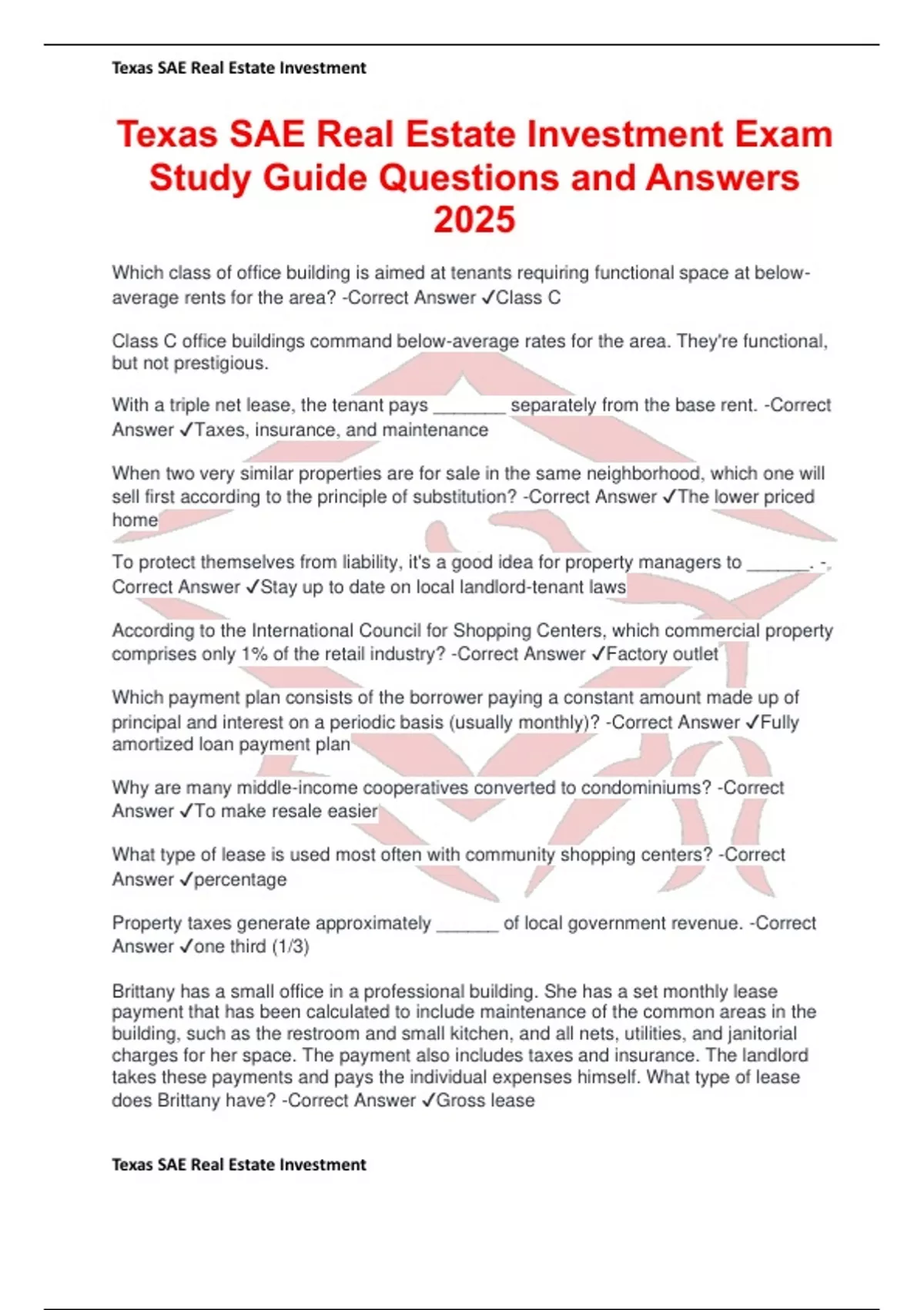 Texas SAE Real Estate Investment Exam Study Guide Questions and Answers ...