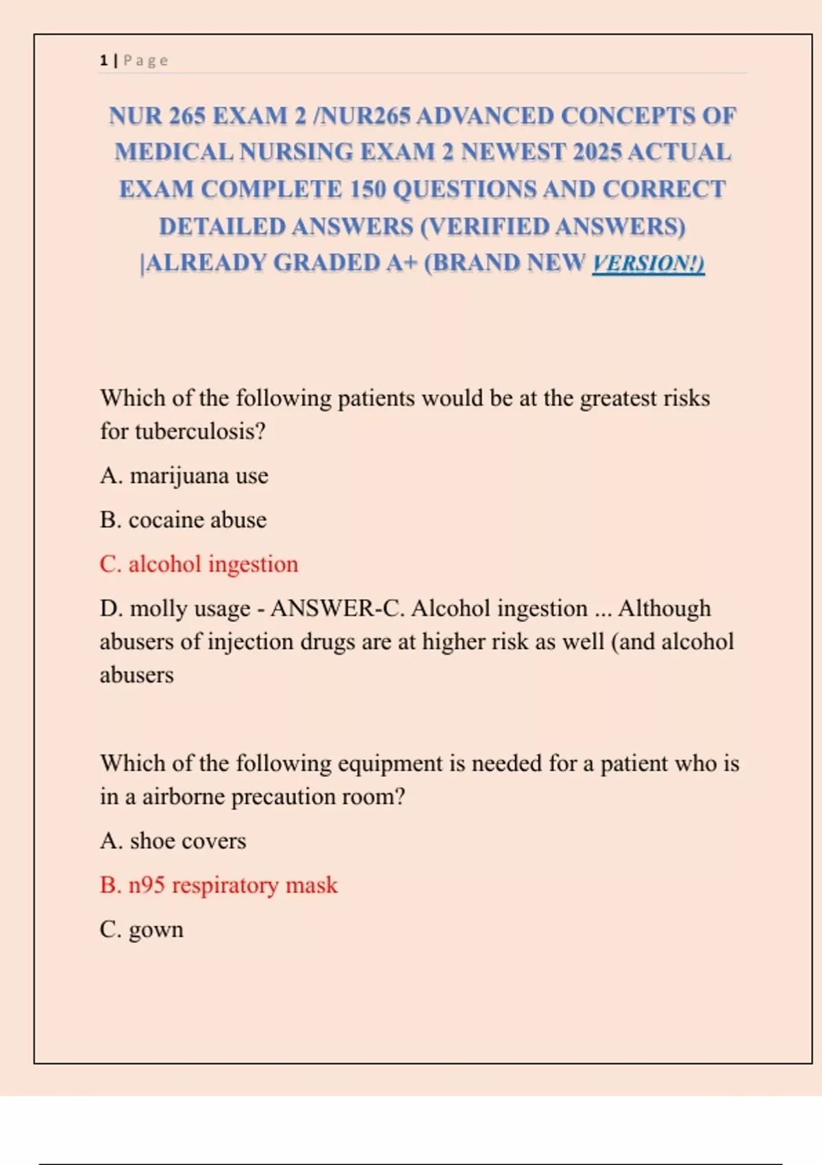 NUR 265 EXAM 2 /NUR265 ADVANCED CONCEPTS OF MEDICAL NURSING EXAM 2 NEWEST 2025 ACTUAL EXAM ...