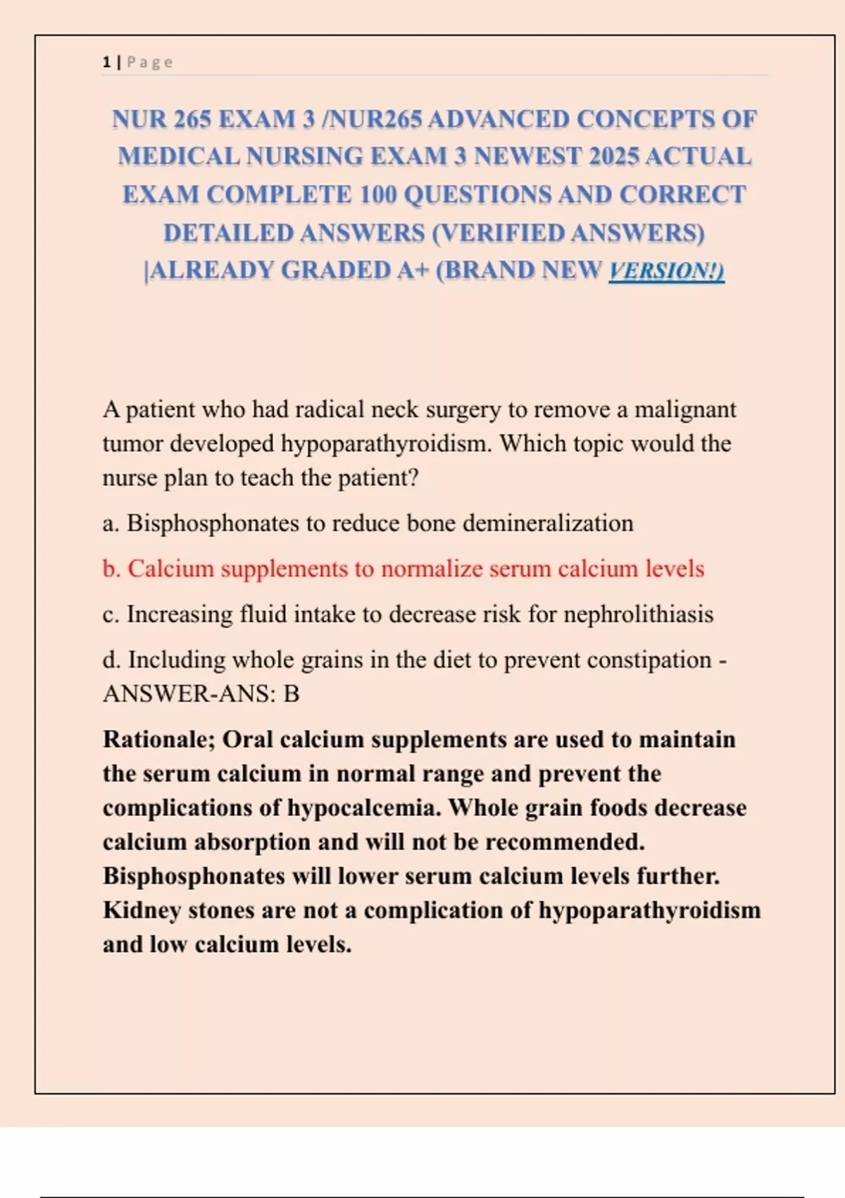 NUR 265 EXAM 3 /NUR265 ADVANCED CONCEPTS OF MEDICAL NURSING EXAM 3 ...