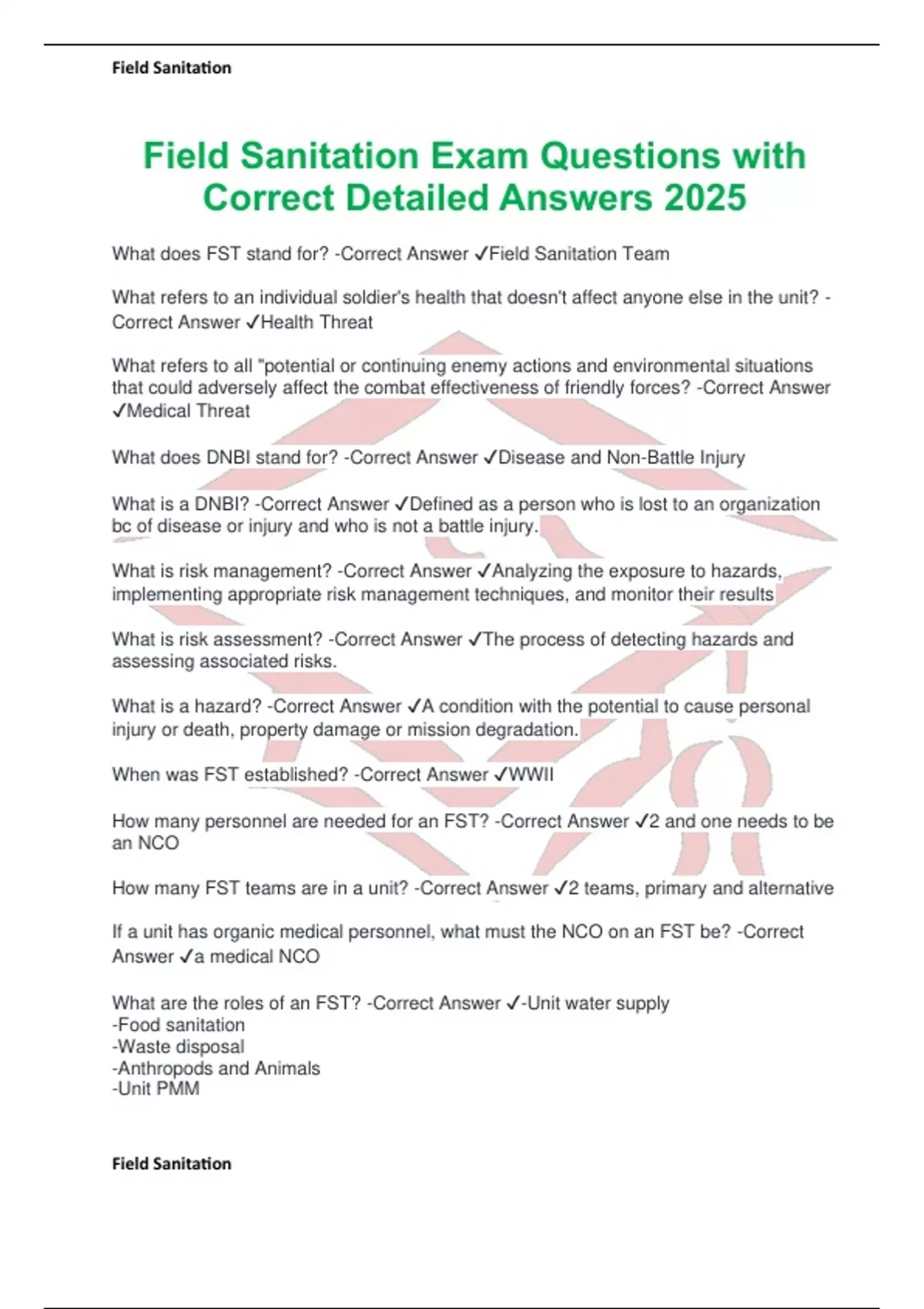 Field Sanitation Exam Questions with Correct Detailed Answers 2025 ...