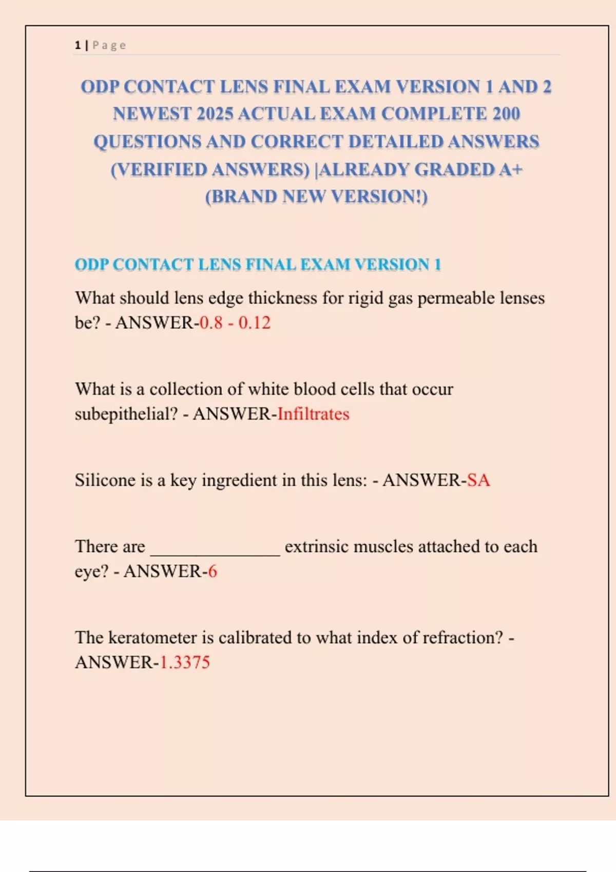 ODP CONTACT LENS FINAL EXAM VERSION 1 AND 2 NEWEST 2025 ACTUAL EXAM COMPLETE 200 QUESTIONS AND ...